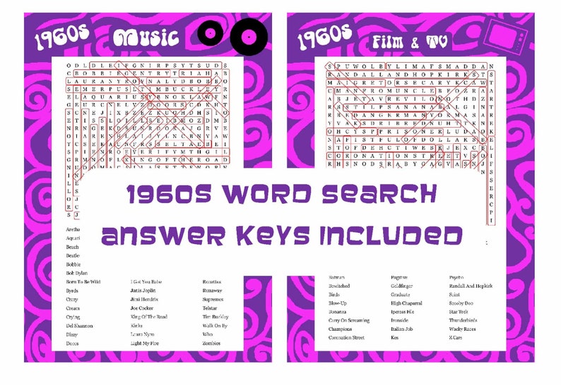 Printable Word Search Puzzles, 1960s, Music, Film & TV, 2 Pdfs, Answer ...