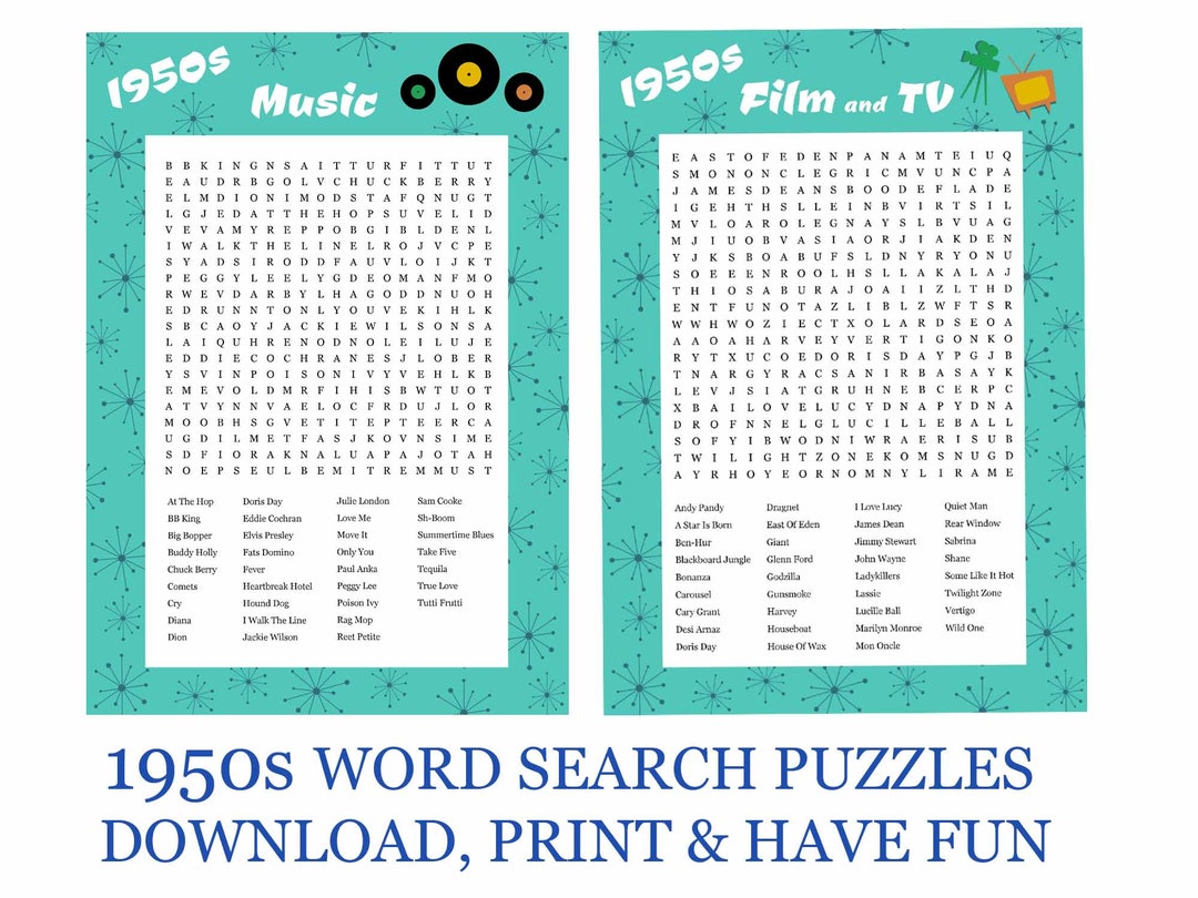 1950s Printable Word Search Puzzles, Music, Film & TV, Ideal Birthday ...