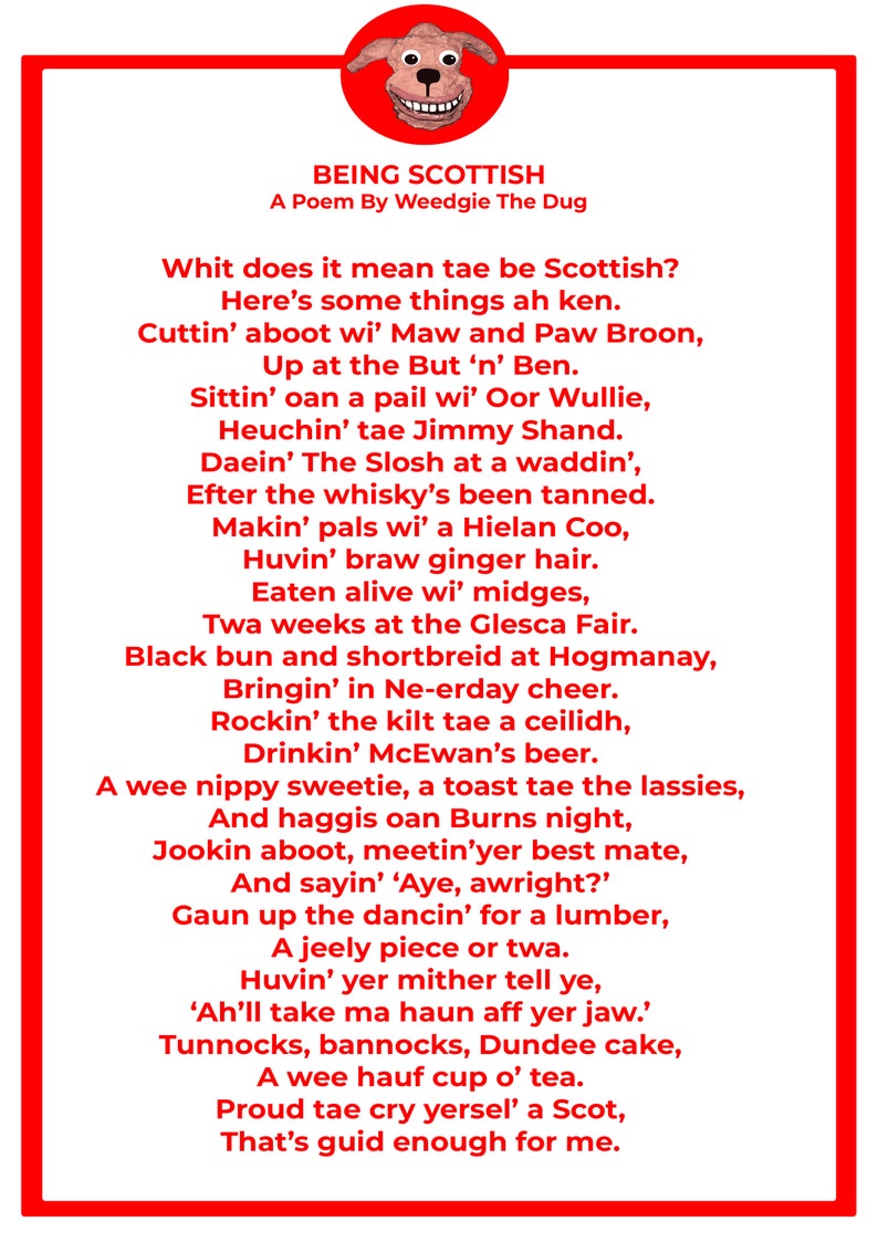 Printable Scottish Poem by Weedgie the Dug, Being Scottish, Funny Poem ...