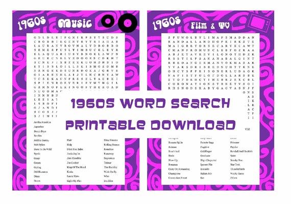 Printable Word Search Puzzles 1960s Music Film & TV 2 | Etsy
