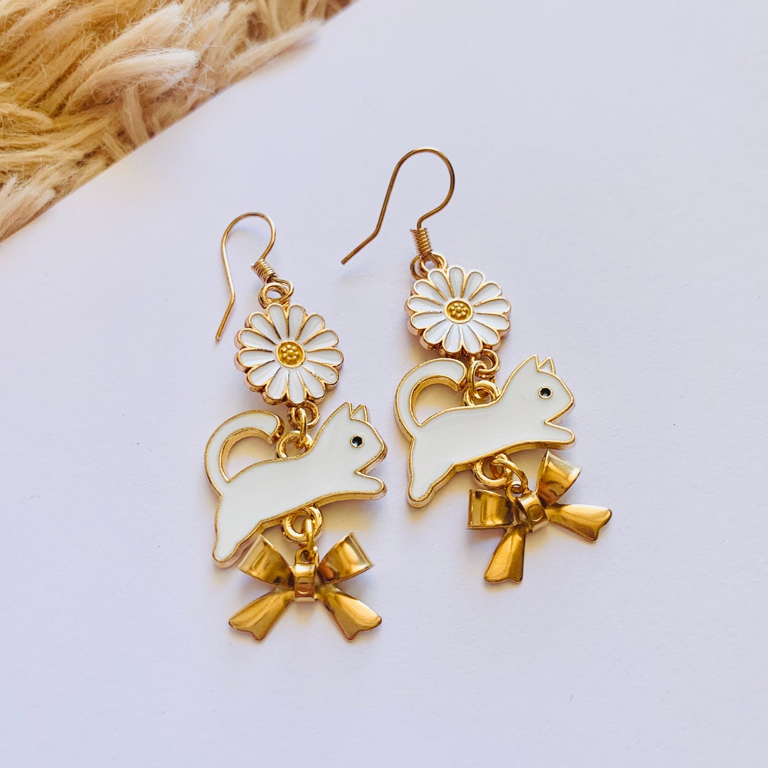 Kitty Cat Flower Earrings, Cat Jewelry, Cat Lover, Cat Mom, Novelty ...
