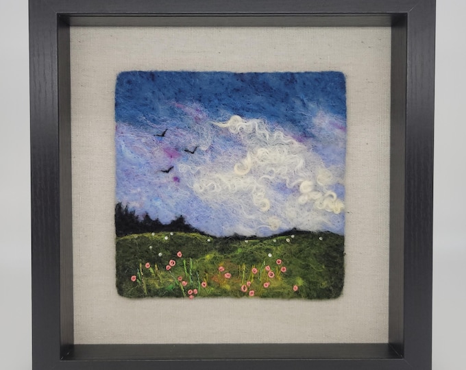 Felt Art Landscape With Flowers, Needle Felted Wool Pastoral Scene in ...
