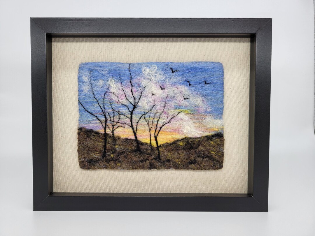 Framed Felted Wool Art: Sunset Landscape, Needle Felt Painting (10.75x8 ...