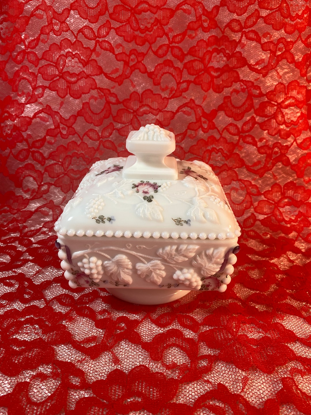 Westmoreland Milk Glass Covered Candy Dish in Grape Vines and Hand ...