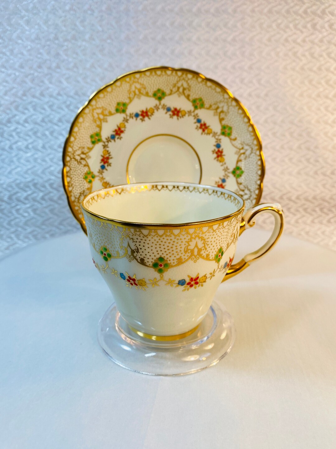 Vintage 1920s Plant Tuscan China Teacup and Saucer: Moriage Enamel ...