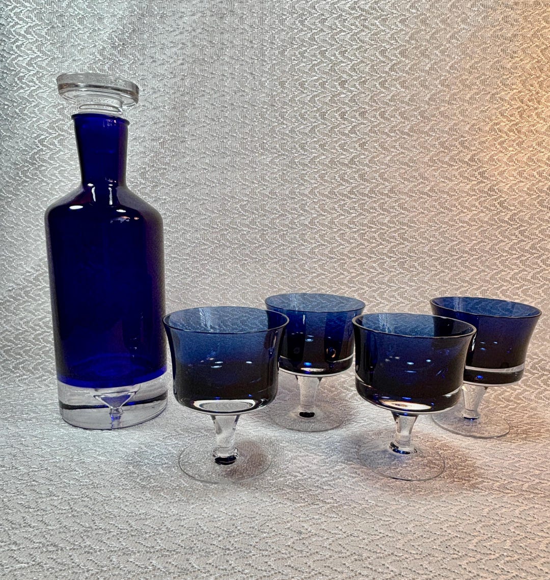 Vintage Krosno Cobalt Blue Decanter With Denby Mirage Champagne Glasses ...