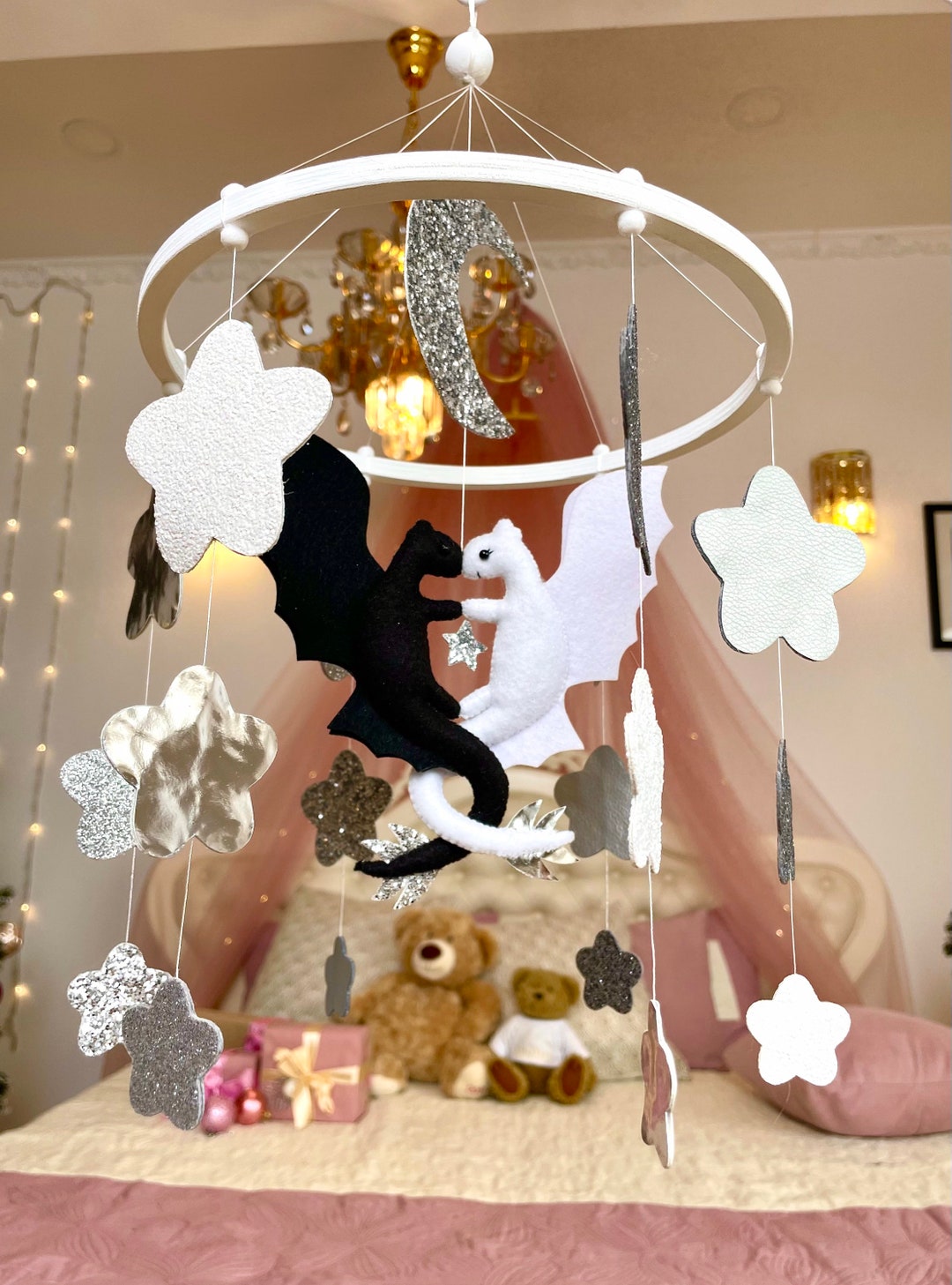 Dragon Baby Crib Mobile for Boy or Girl. Dino White and Black Hanging ...