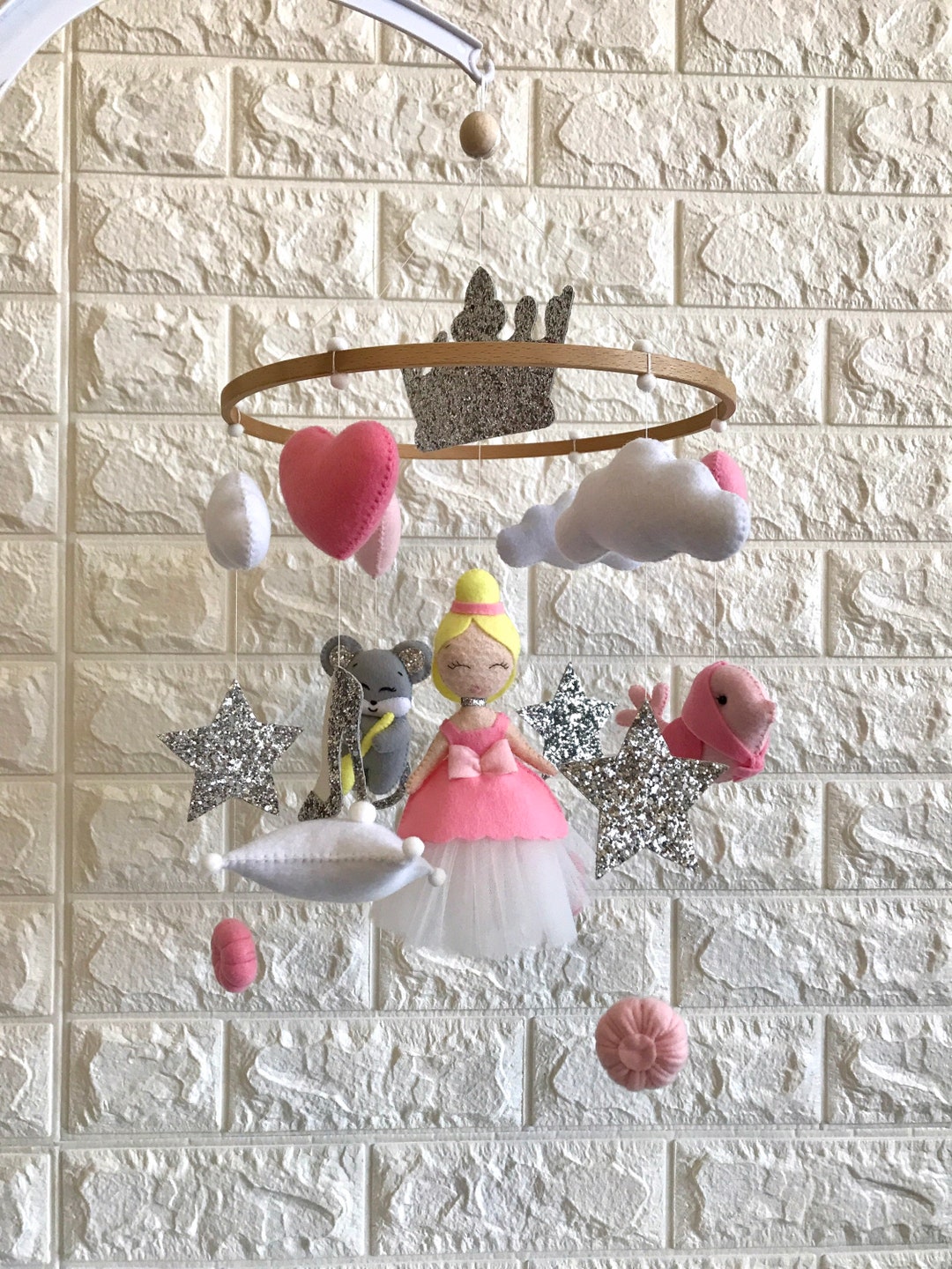 Baby Mobile for Girl Princess Cinderella Pink Felt Toys Mouse Birds ...