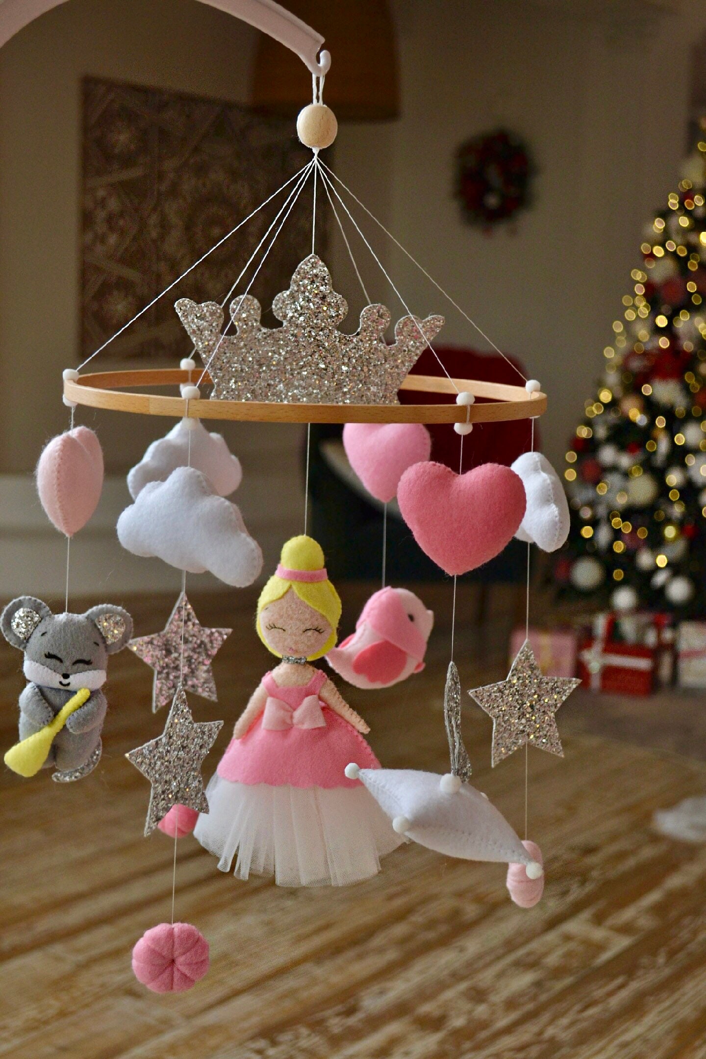 Princess Mobile Baby for Girl Cinderella Pink Mouse Mouse Heart Stars ...