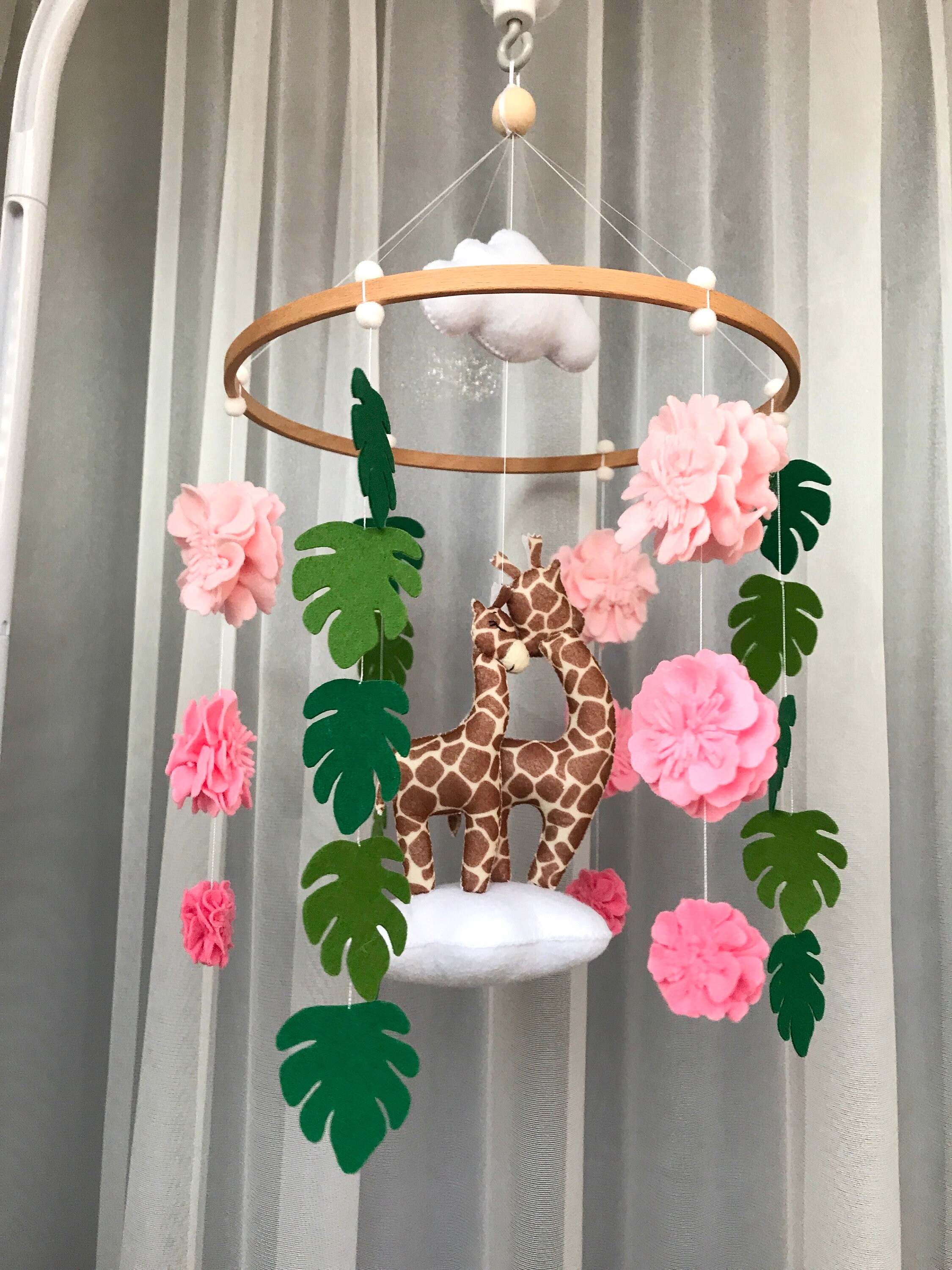 Giraffe Baby Mobile for Girl. Safari Animals Felt Hanging Monstera ...