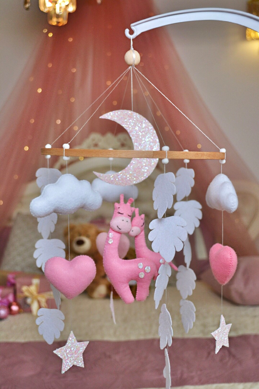 Safari Giraffe Baby Mobile for Girl With Moon, Stars, and Hearts. Felt ...