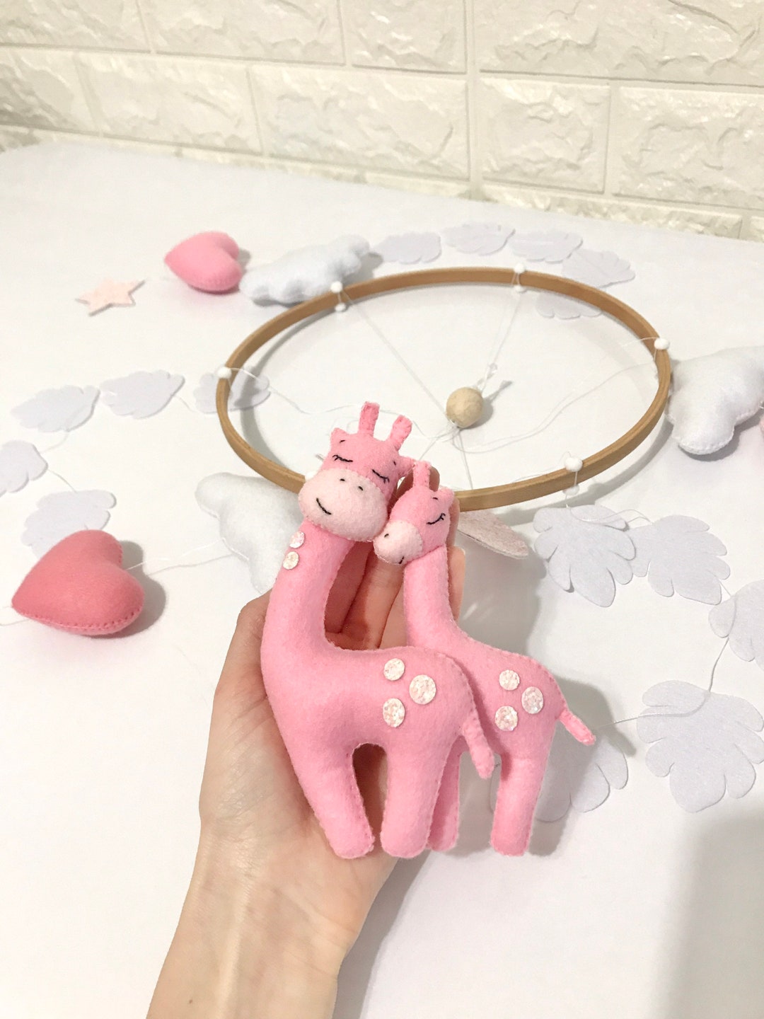 Pink Giraffe Baby Mobile for Girl. Safari Animals Felt Hanging Monstera ...