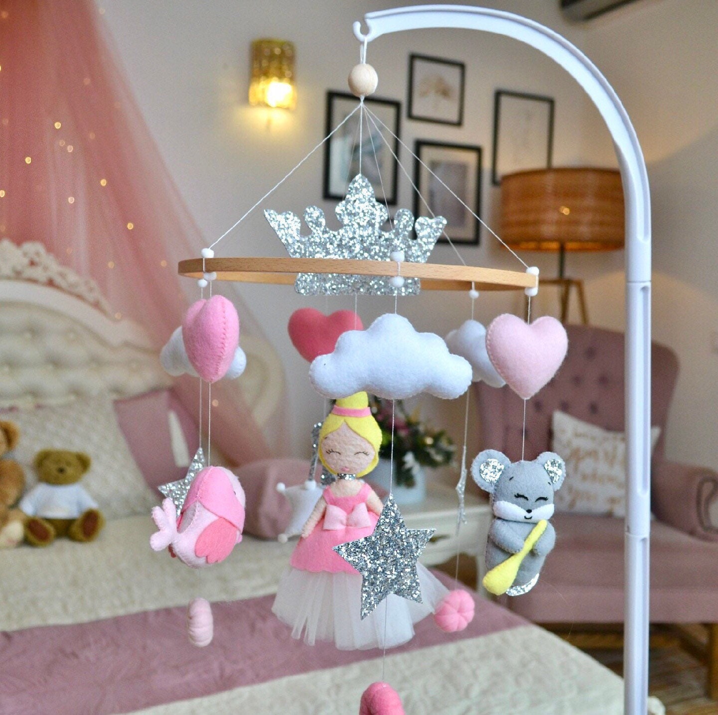 Princess Mobile Baby for Girl Cinderella Pink Mouse Mouse Heart Stars ...