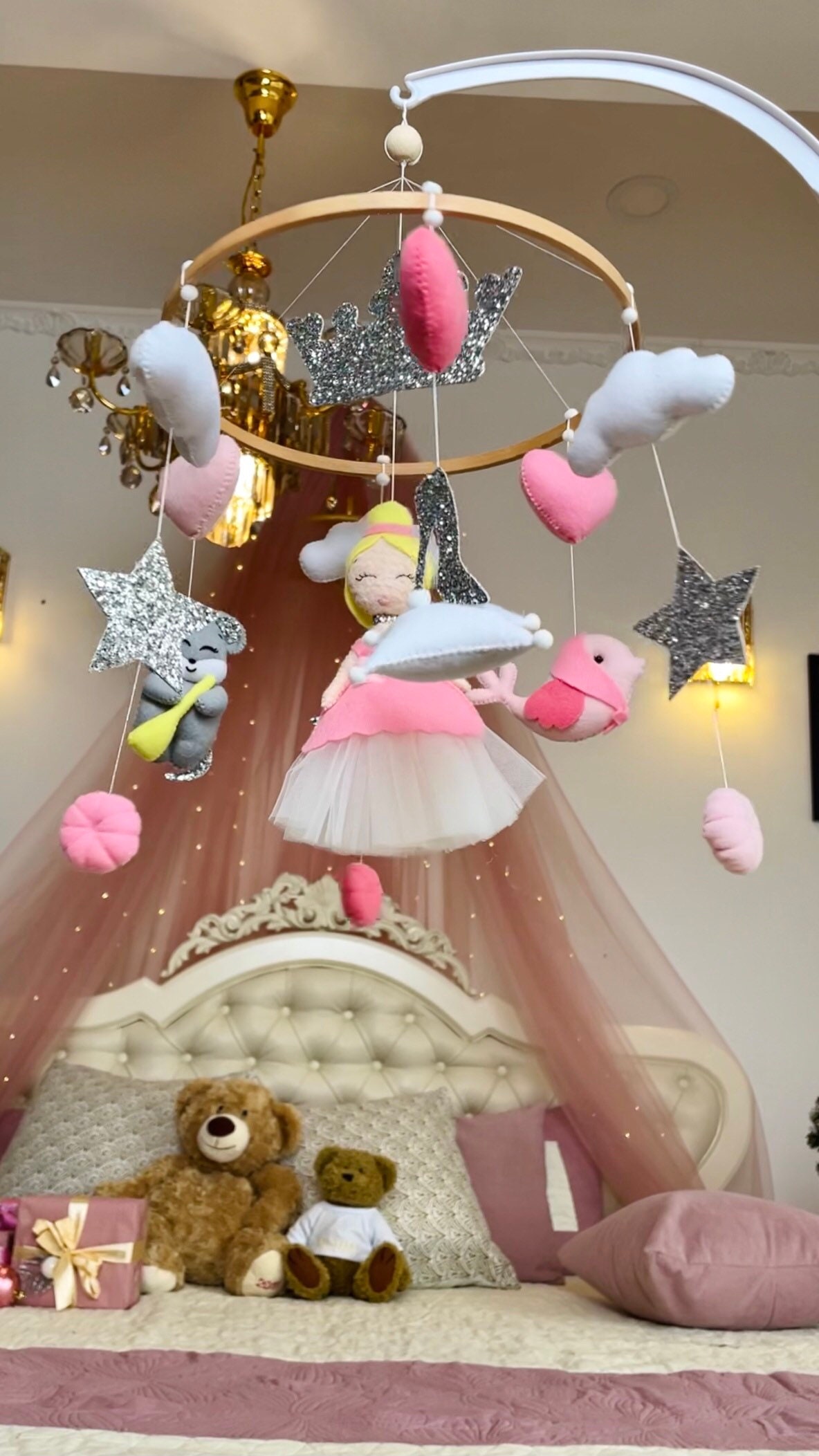 Princess Mobile Baby for Girl Cinderella Pink Mouse Mouse Heart Stars ...