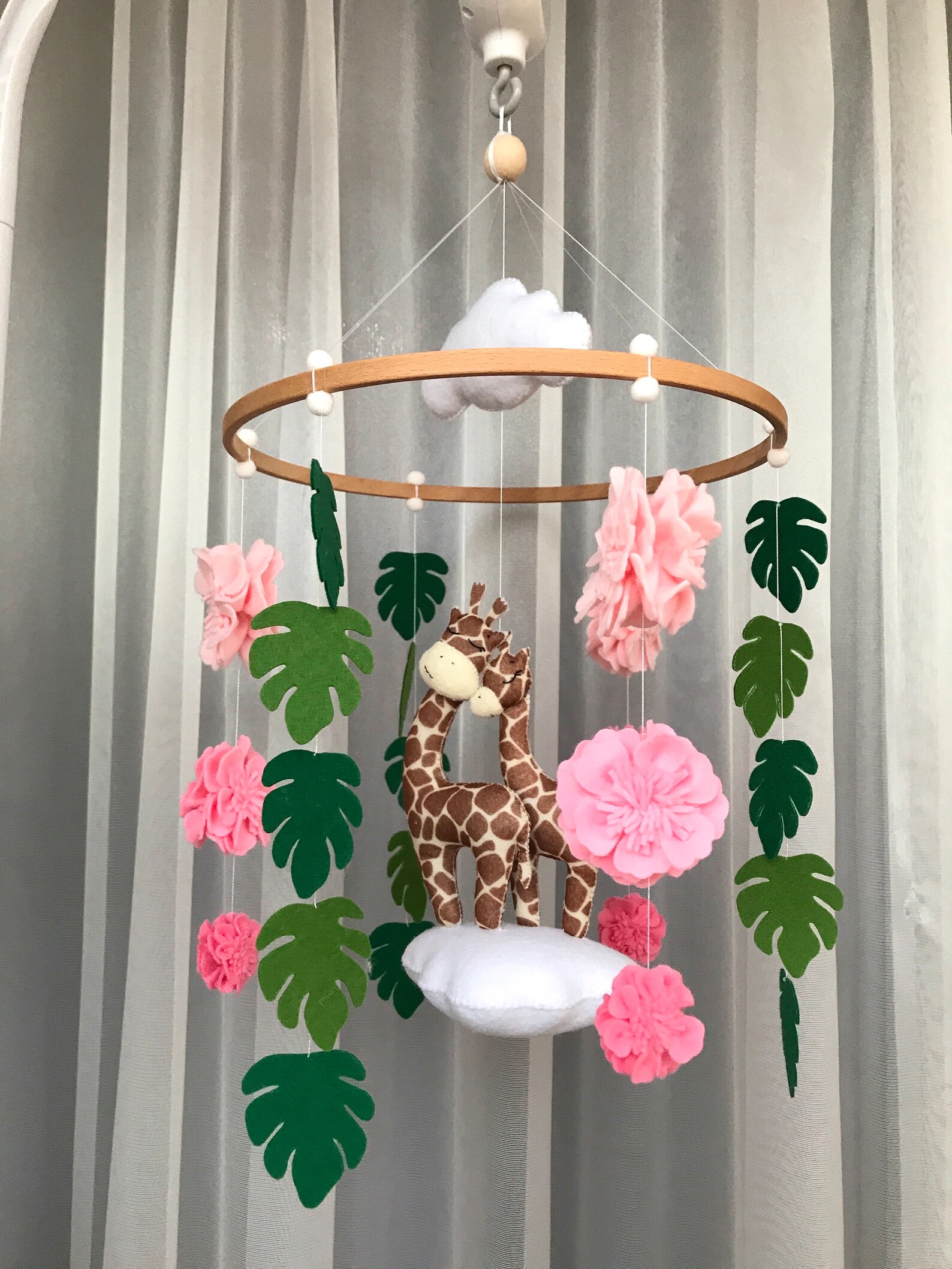 Giraffe Baby Mobile for Girl. Safari Animals Felt Hanging Monstera ...