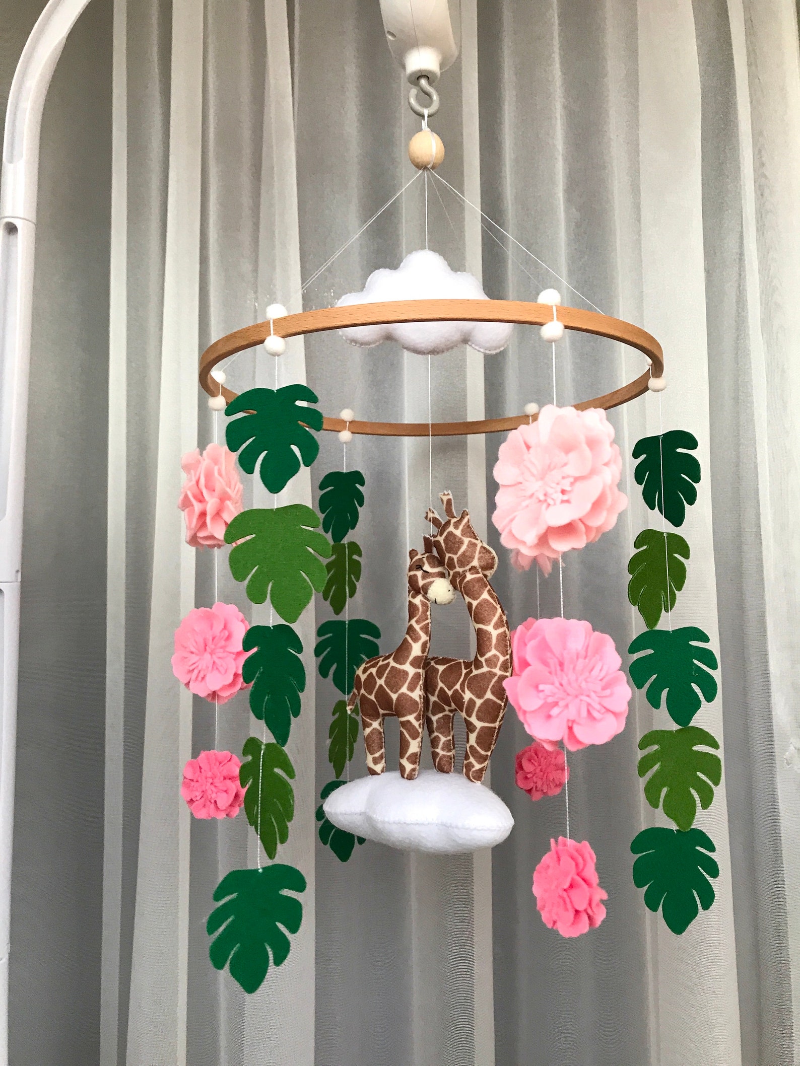 Giraffe Baby Mobile for Girl. Safari Animals Felt Hanging Monstera ...