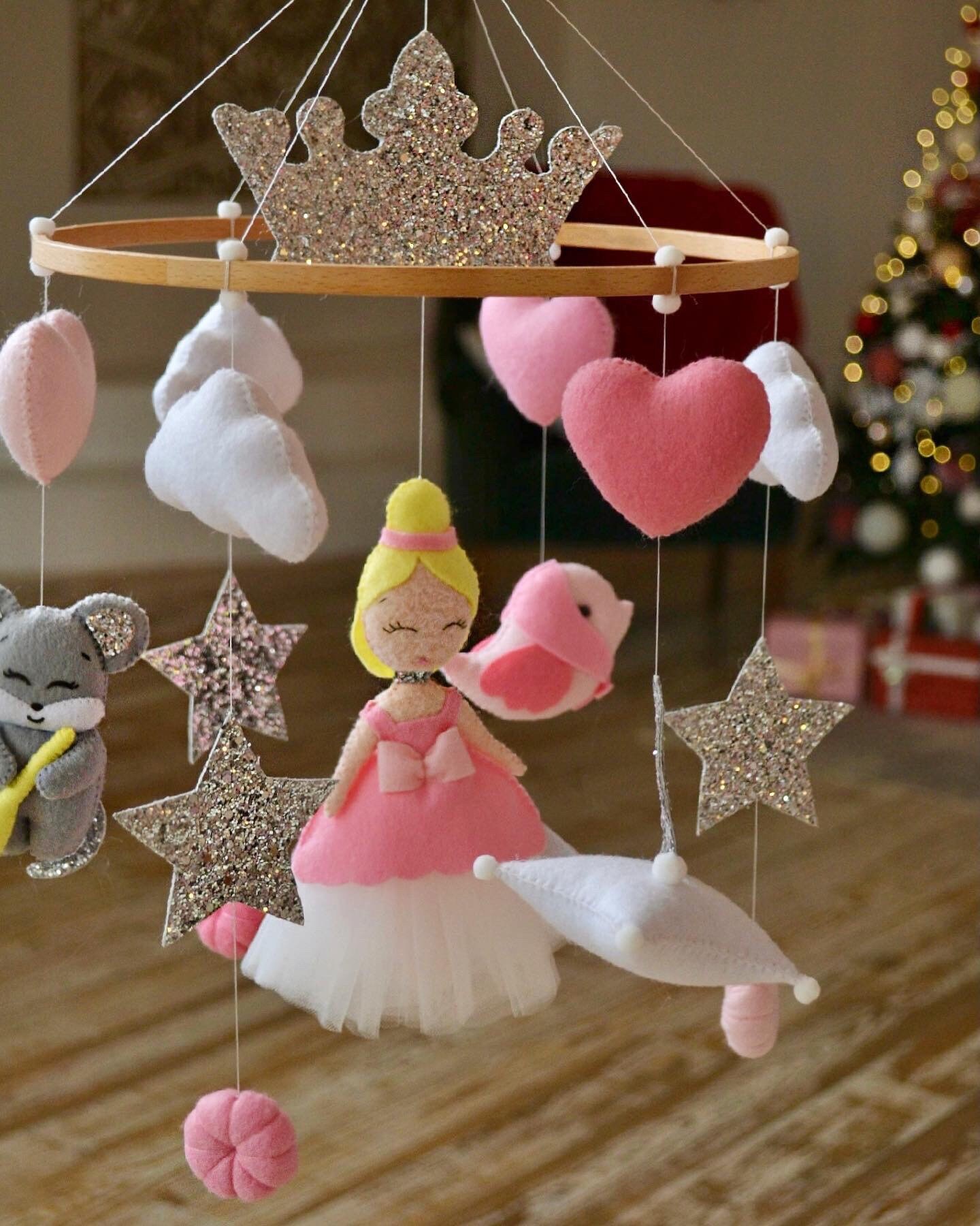 Pink Princess Baby Crib Mobile for Girl. Felt Hanging Nursery Decor ...