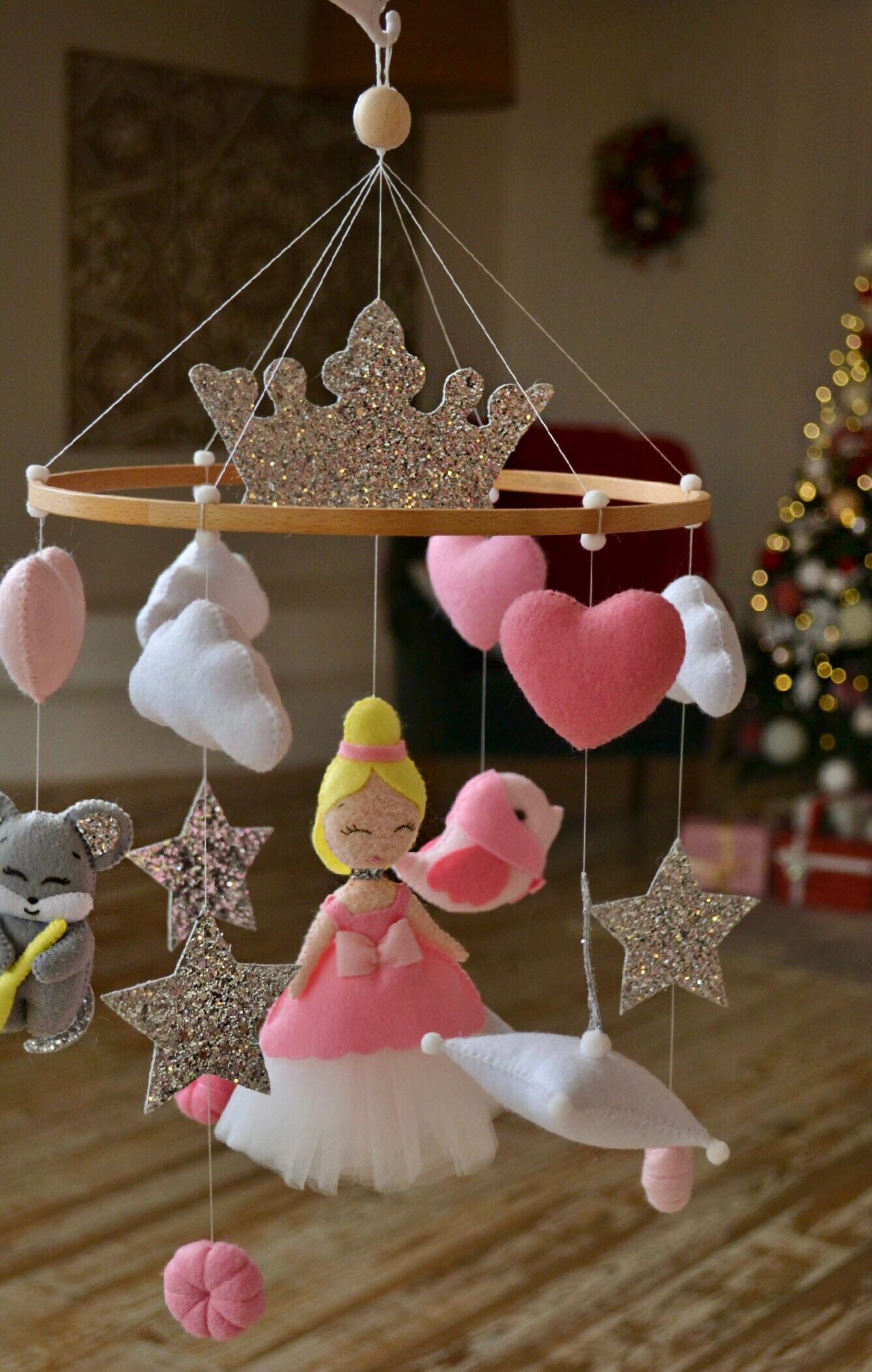 Princess Mobile Baby for Girl Cinderella Pink Mouse Mouse Heart Stars ...