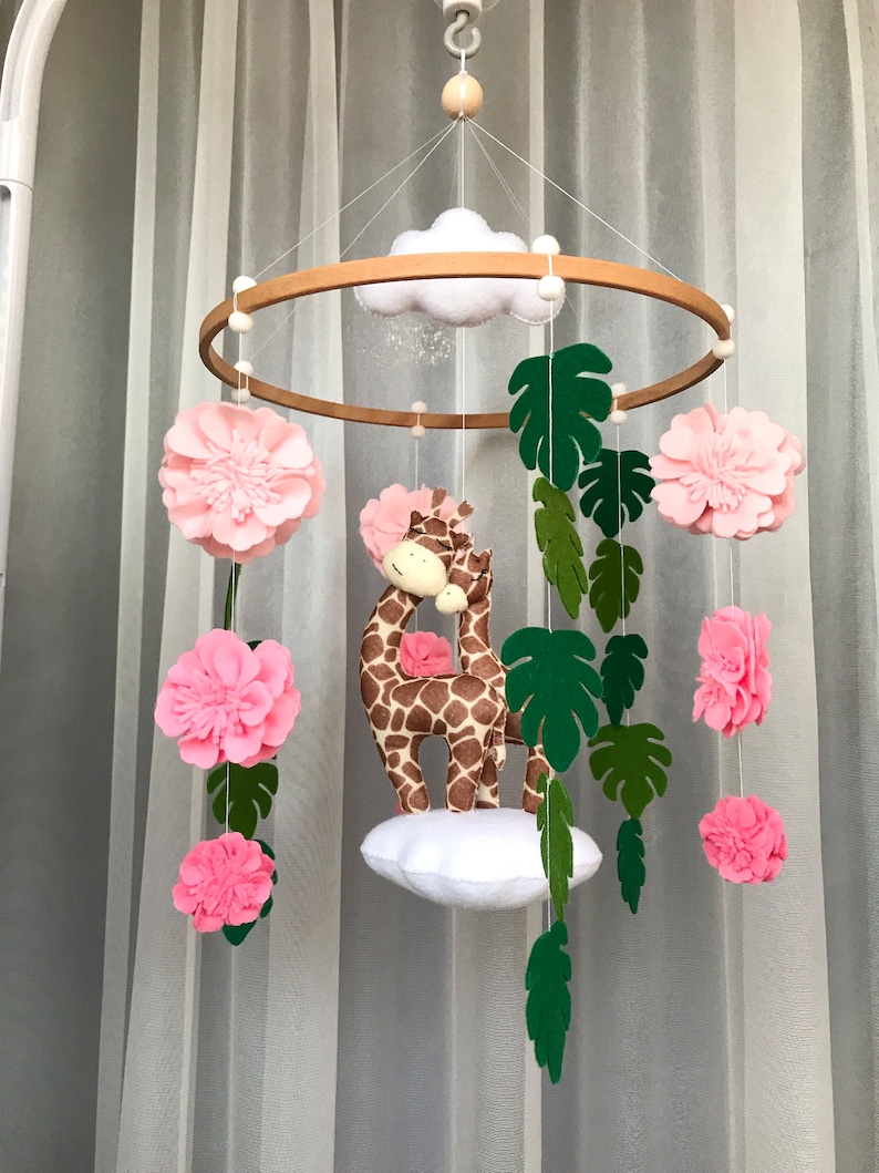 Giraffe Baby Mobile for Girl. Safari Animals Felt Hanging Monstera ...