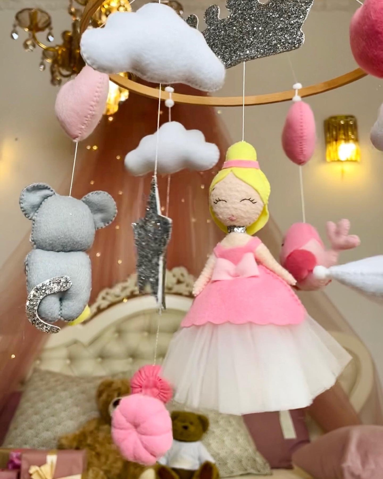 Pink Princess Baby Crib Mobile for Girl. Felt Hanging Nursery Decor ...