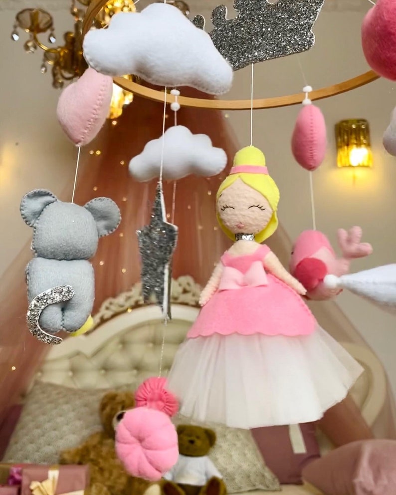 Pink Princess Baby Crib Mobile for Girl. Felt Hanging Nursery Decor ...