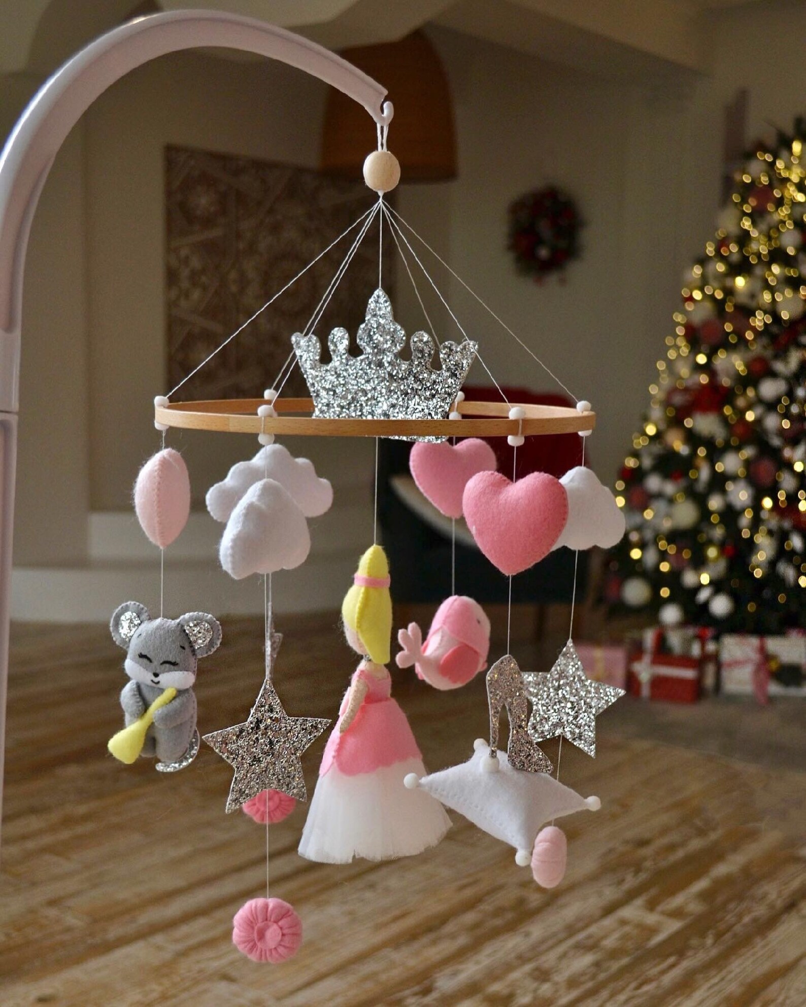 Pink Princess Baby Crib Mobile for Girl. Felt Hanging Nursery Decor ...