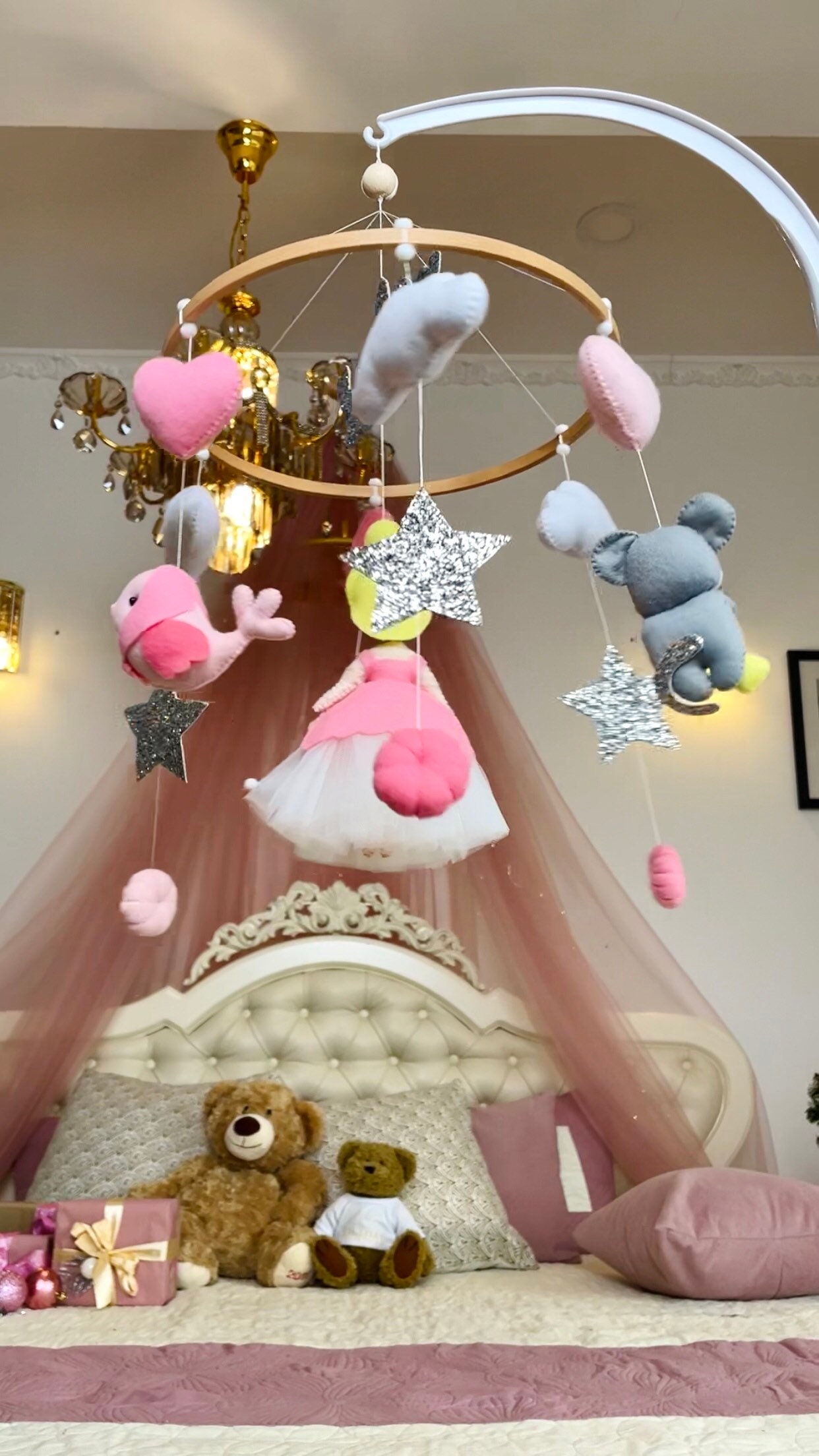 Princess Mobile Baby for Girl Cinderella Pink Mouse Mouse Heart Stars ...