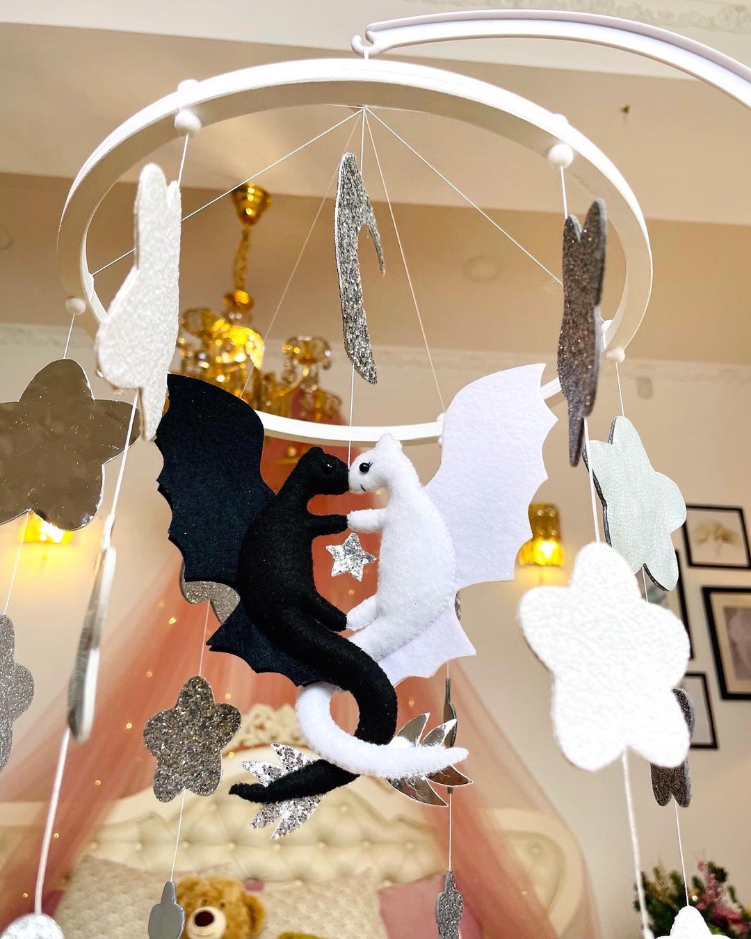 Dragons Baby Mobile for Boy / Girl. Felt Hanging White / Black Nursery ...