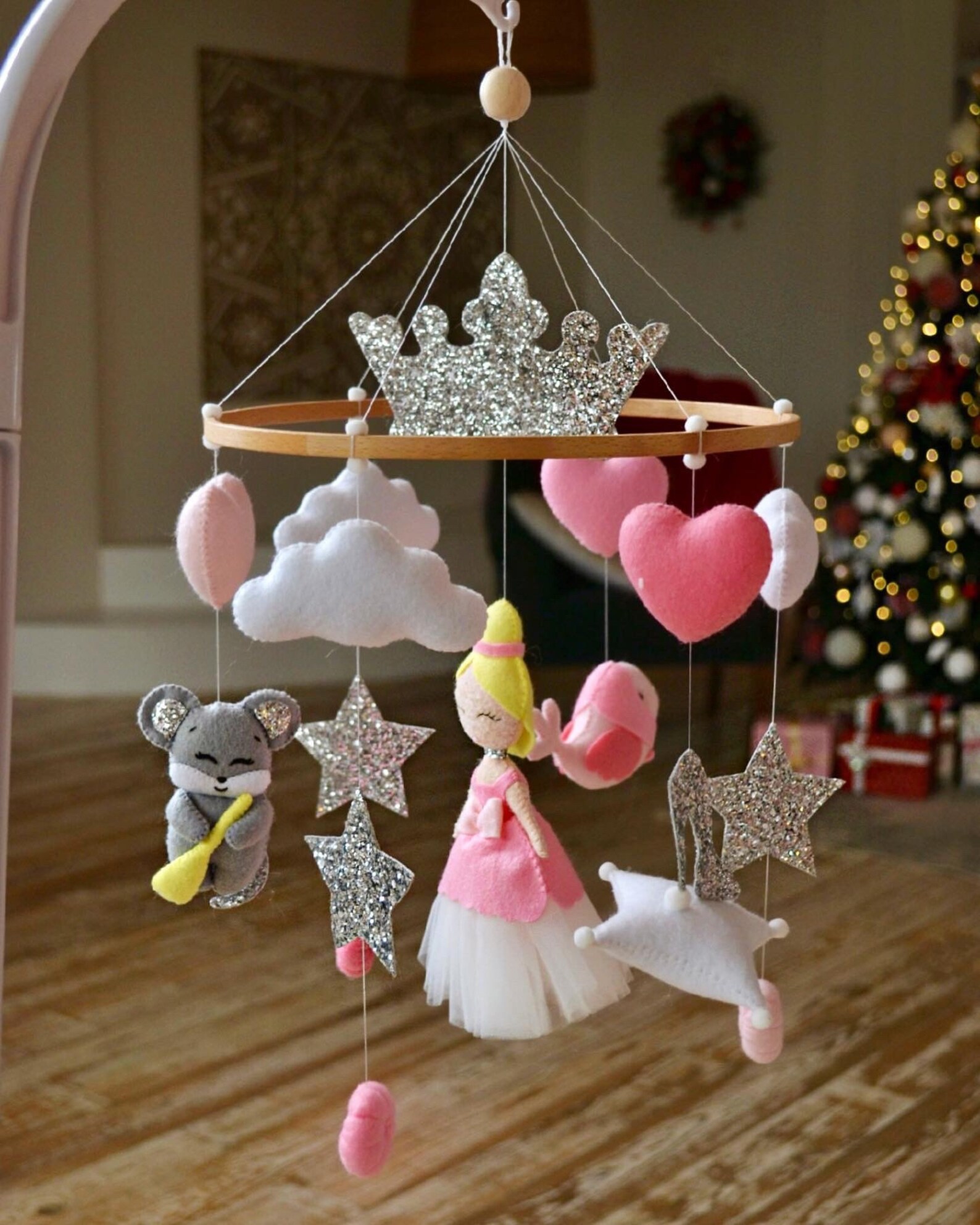 Pink Princess Baby Crib Mobile for Girl. Felt Hanging Nursery Decor ...