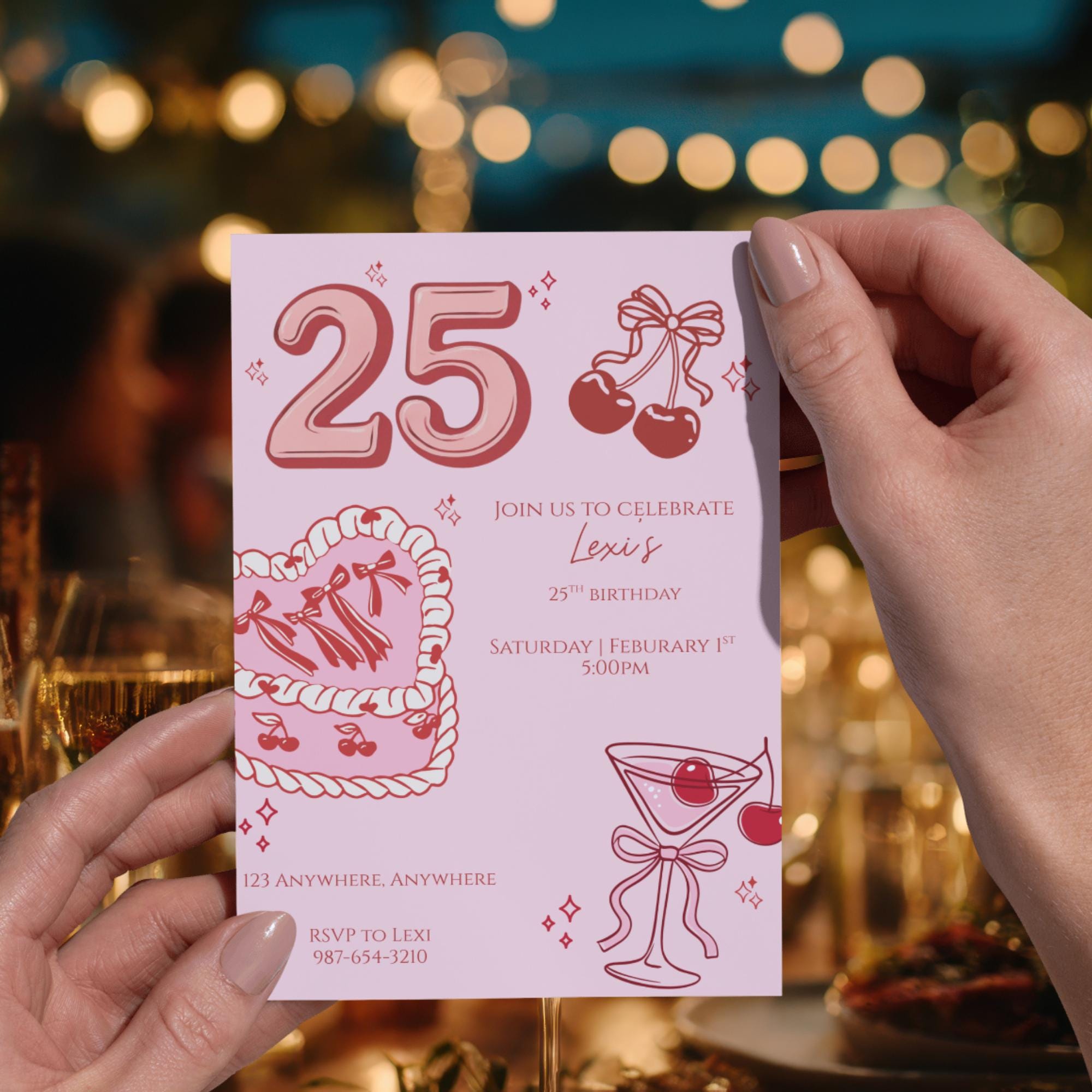 Cherry 25th Birthday Invitation Template | Pink Coquette Birthday ...