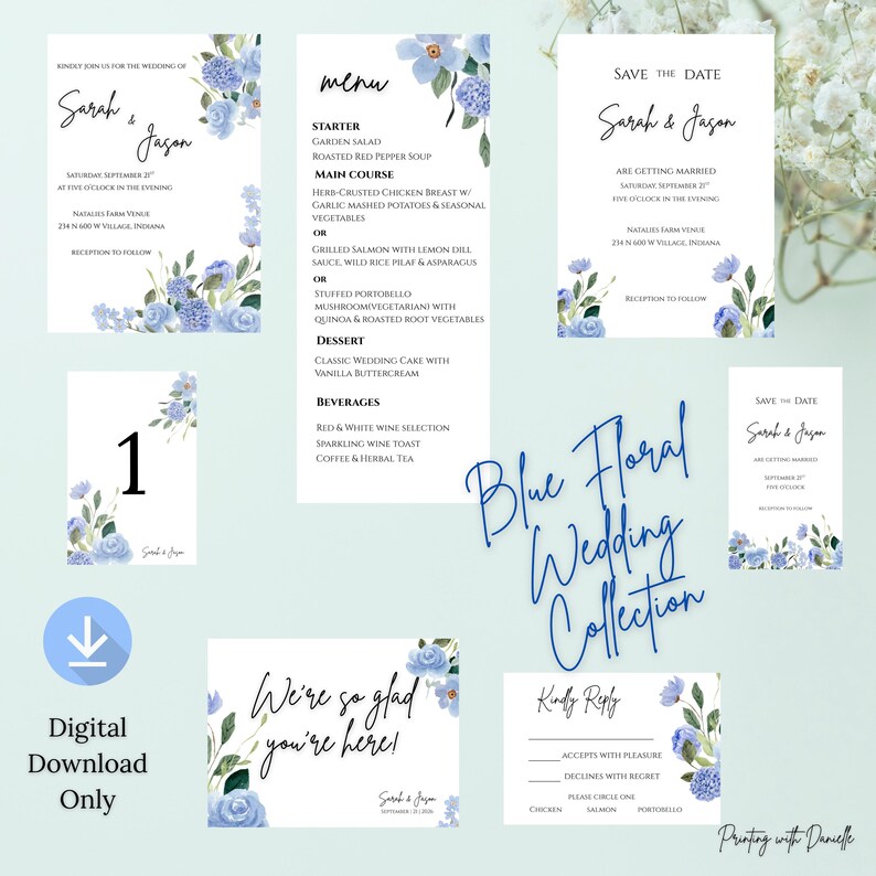 Modern Floral Wedding Invitation Suite | Printable Save the Date, Menu ...