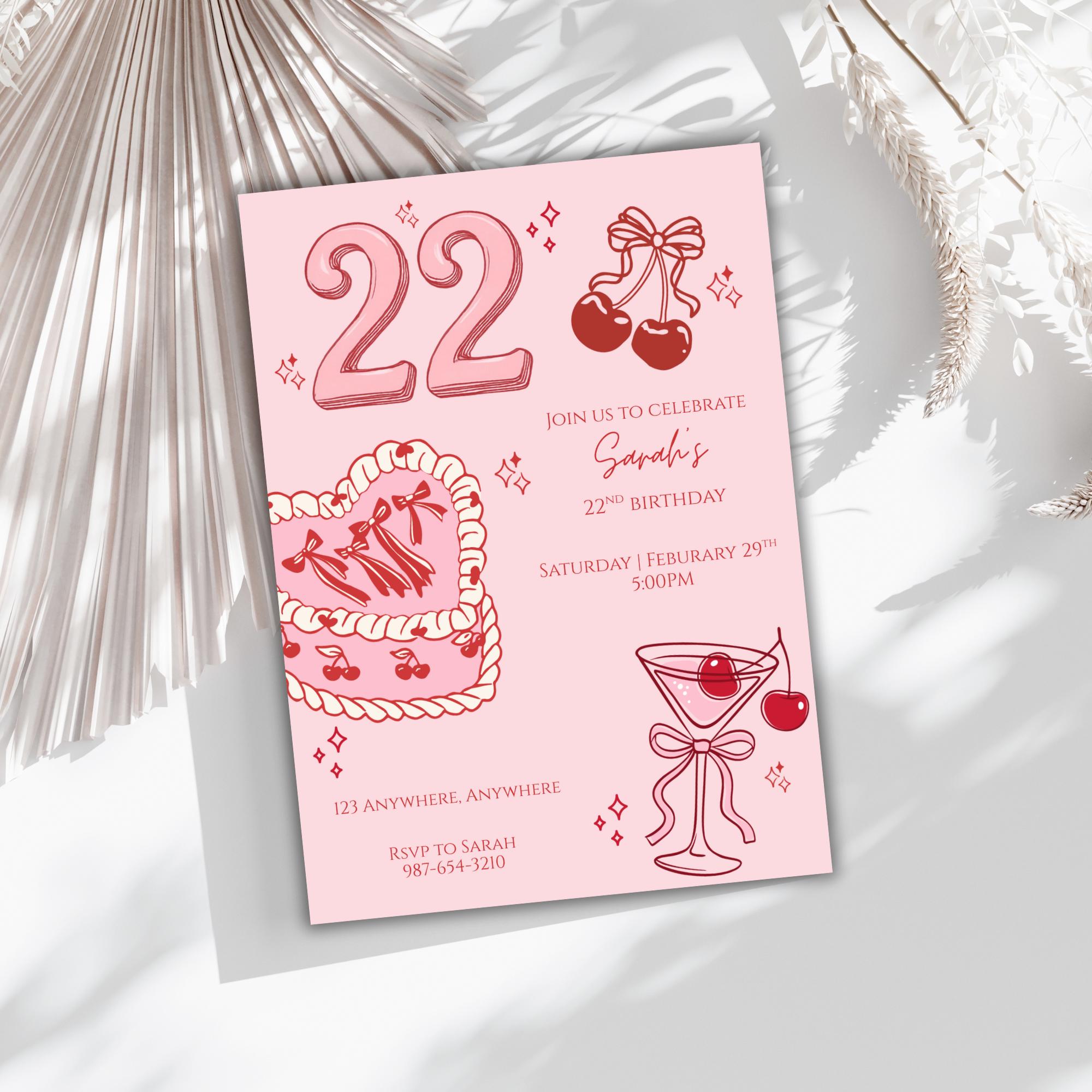Cherry 22nd Birthday Invitation Template | Pink Coquette Birthday ...