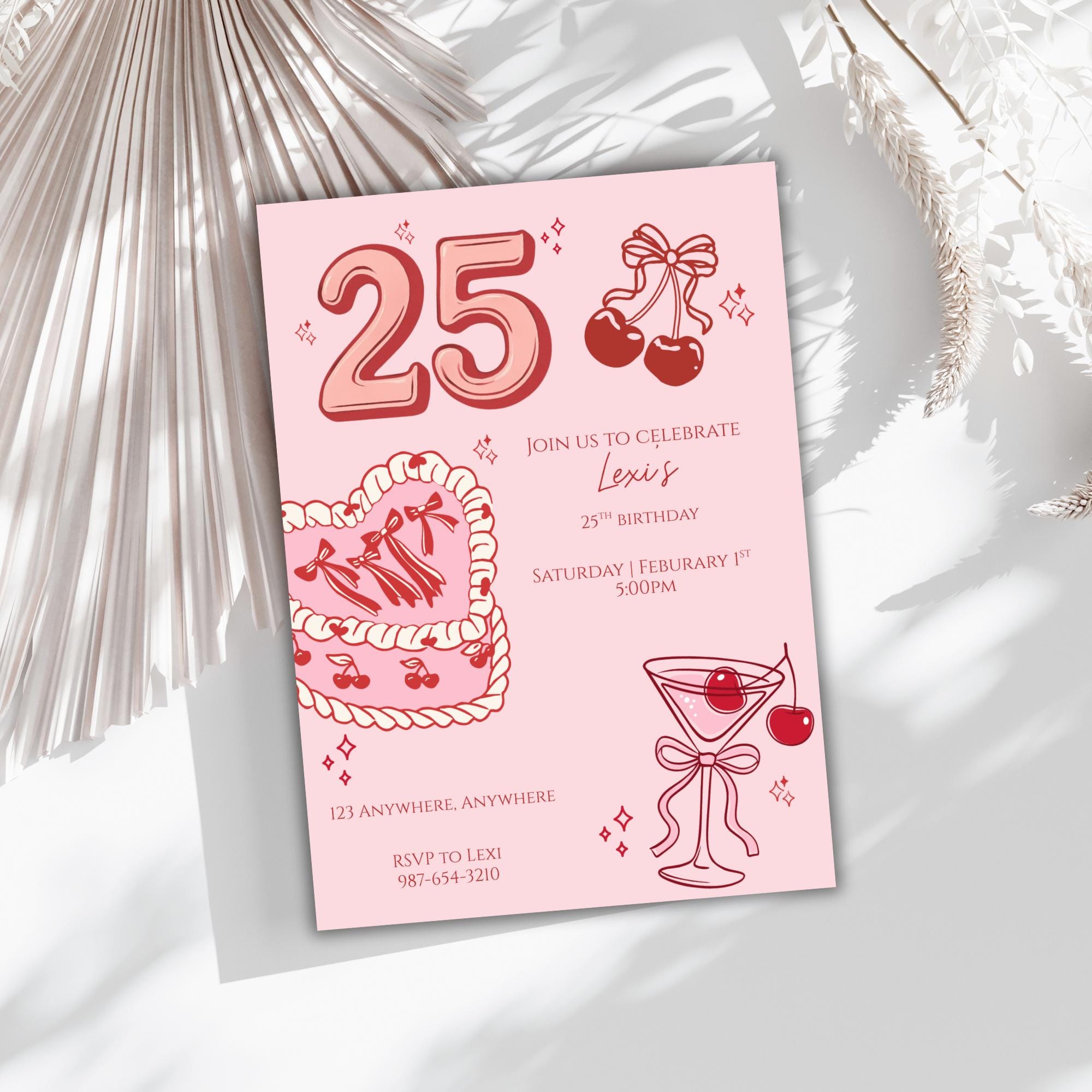 Cherry 25th Birthday Invitation Template | Pink Coquette Birthday ...