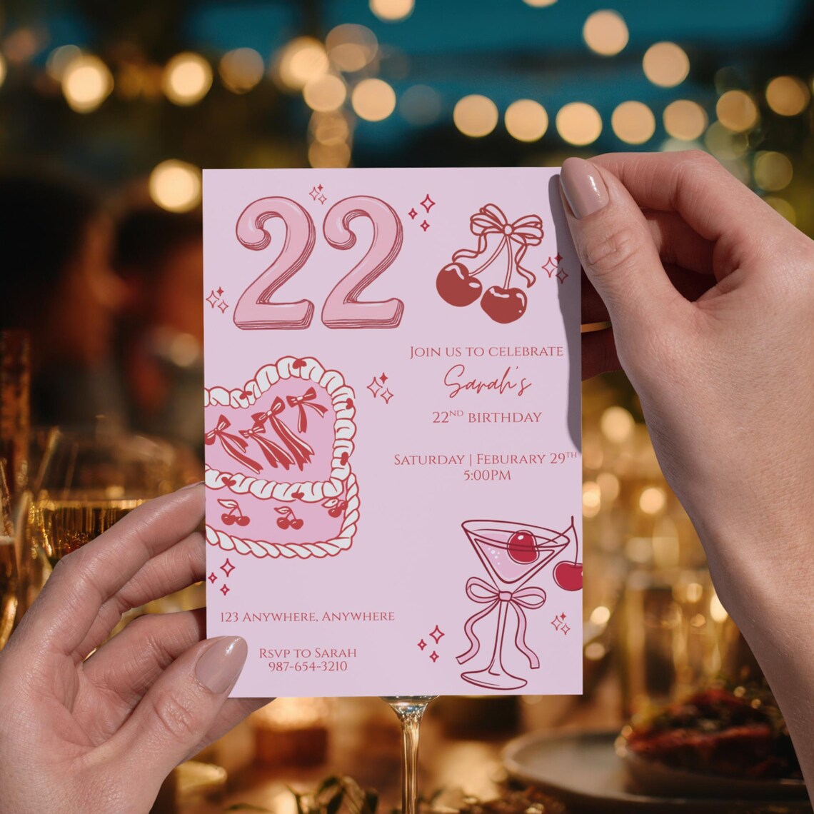 Cherry 22nd Birthday Invitation Template | Pink Coquette Birthday ...