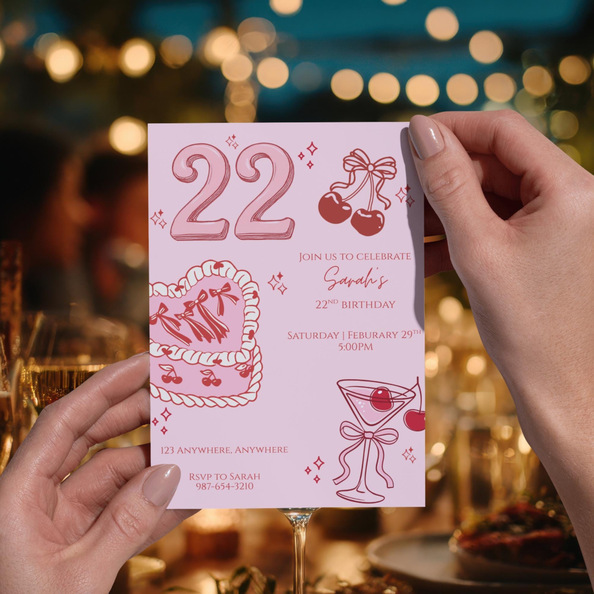 Cherry 22nd Birthday Invitation Template | Pink Coquette Birthday ...