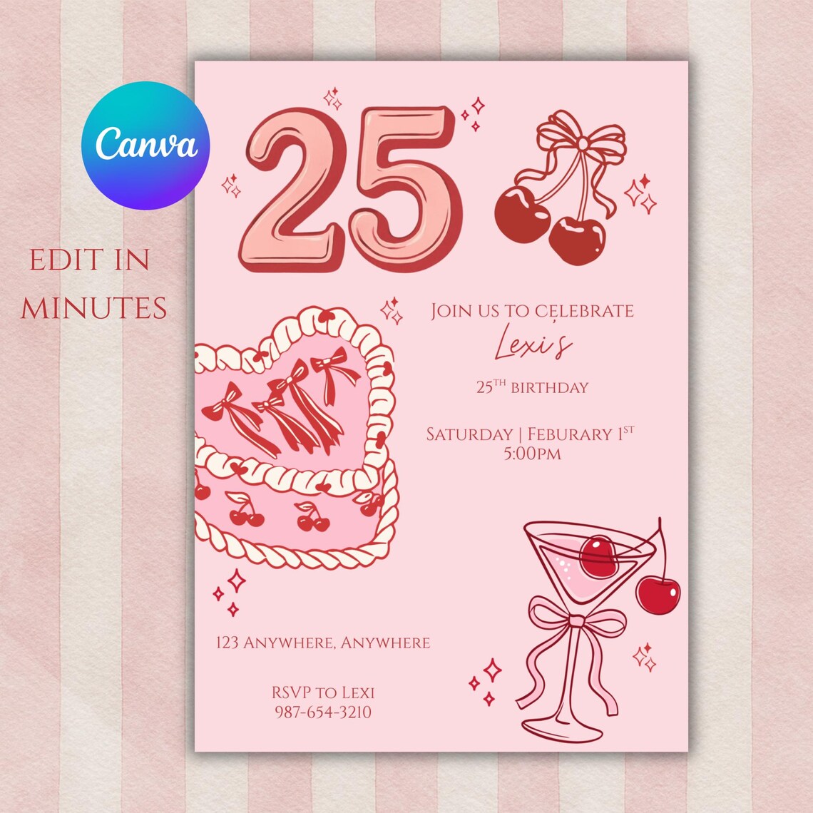 Cherry 25th Birthday Invitation Template | Pink Coquette Birthday ...