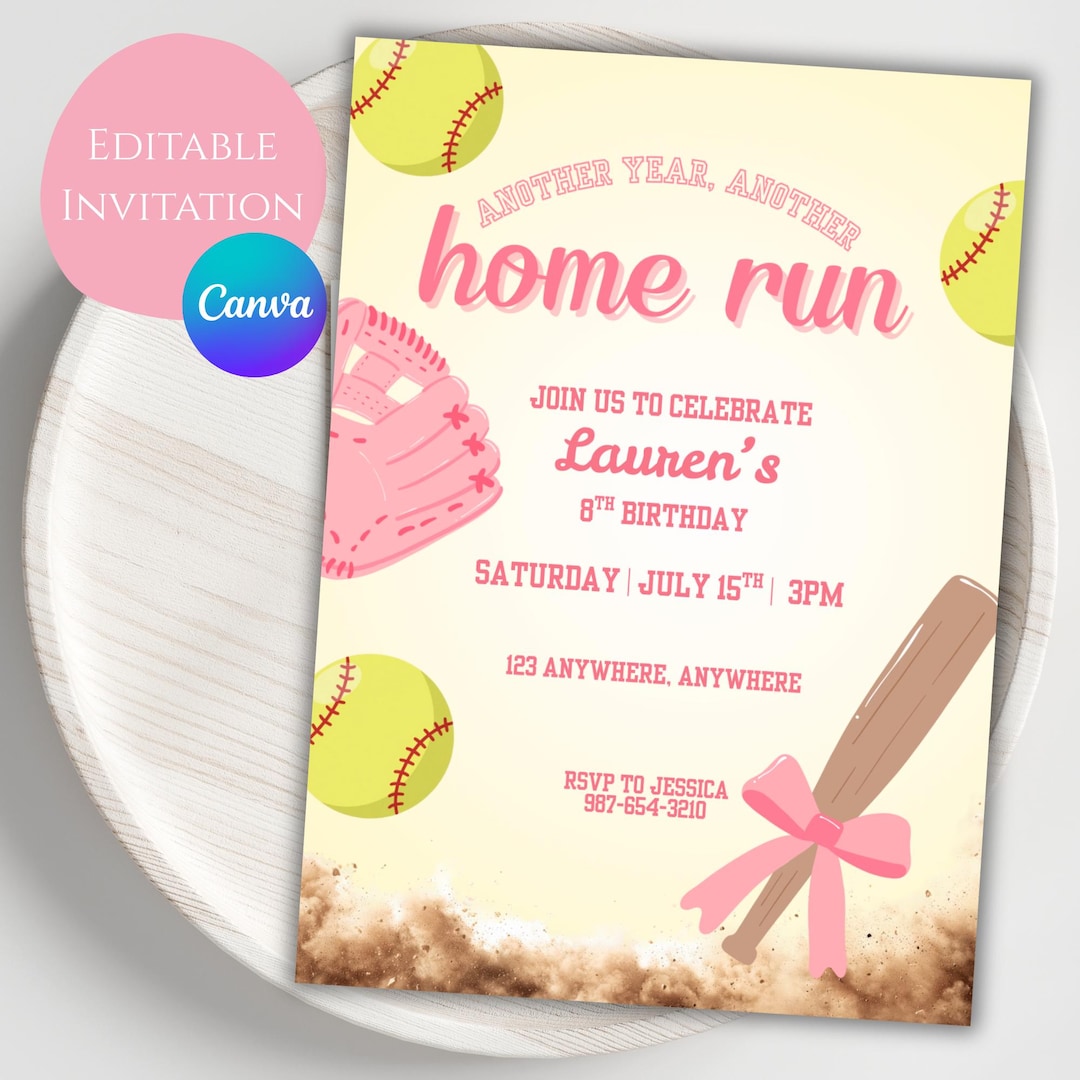 Pink Softball Birthday Invitation | Another Year Another Home Run ...