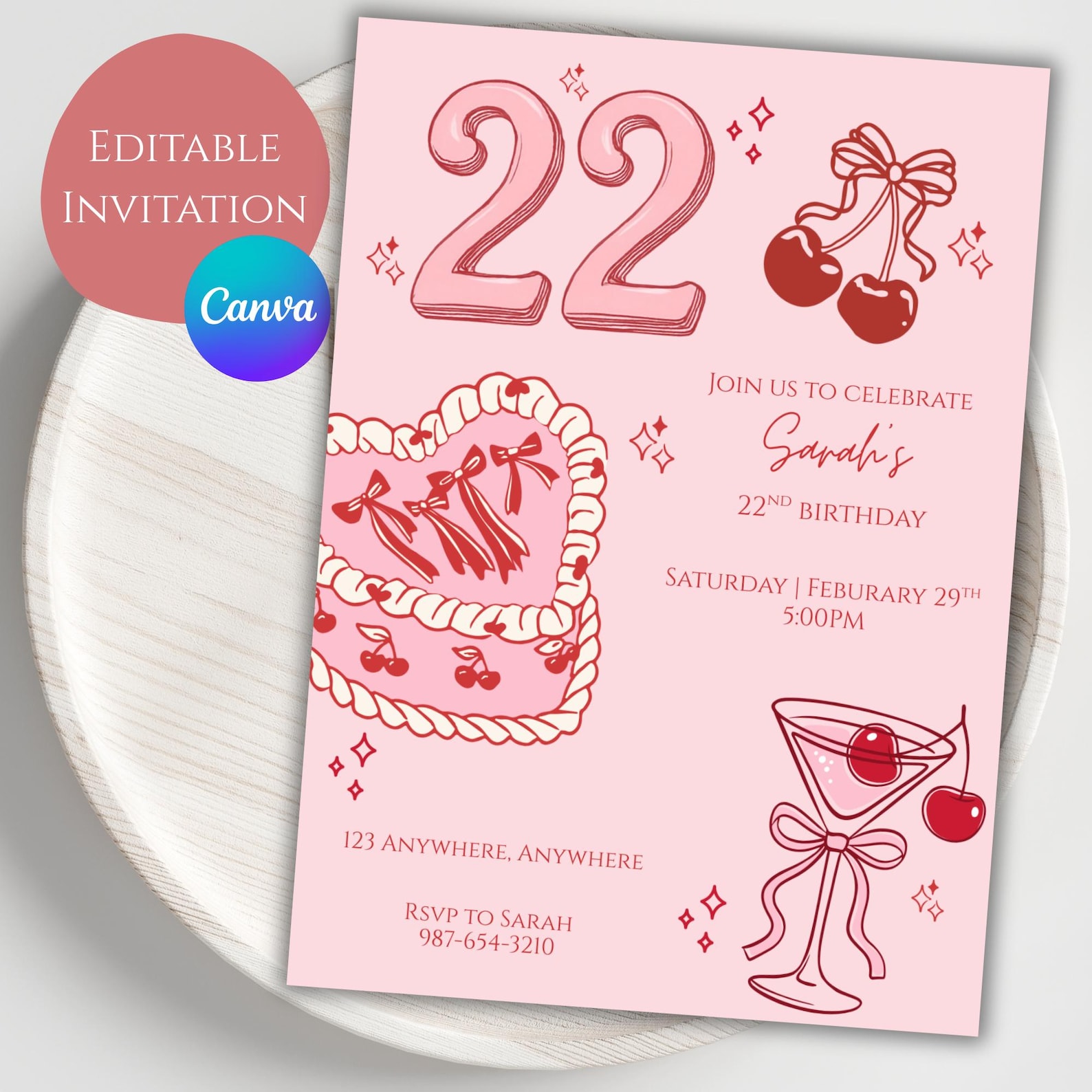 Cherry 22nd Birthday Invitation Template | Pink Coquette Birthday ...