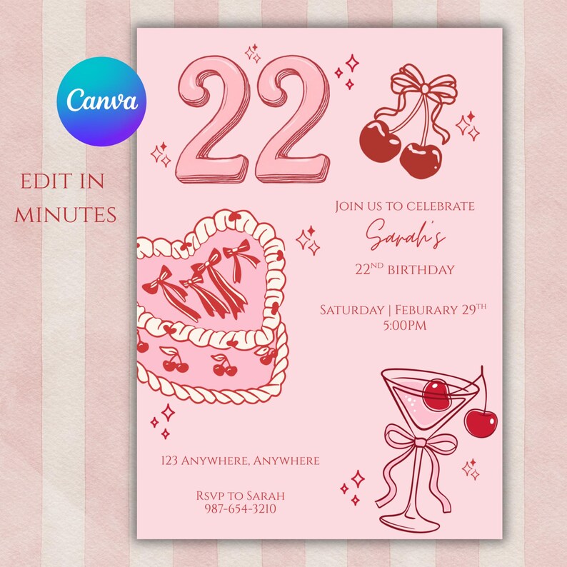 Cherry 22nd Birthday Invitation Template | Pink Coquette Birthday ...