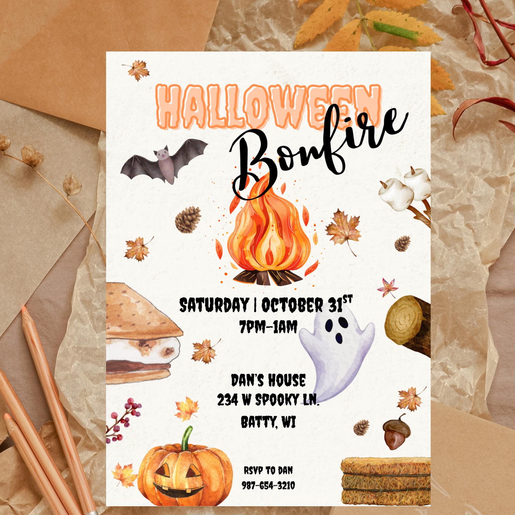 Editable Halloween Bonfire Invitation | Fall Party Invite 5x7 & Mobile ...