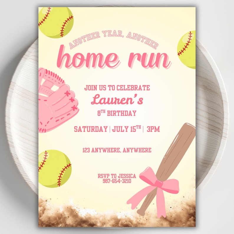 Pink Softball Birthday Invitation | Another Year Another Home Run ...