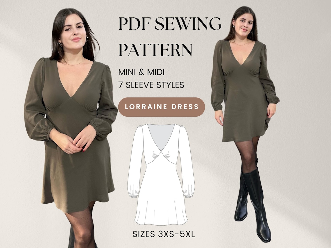 V-neck Dress Pattern, Bias Cut Dress Pattern With Sleeves, Midi & Mini ...