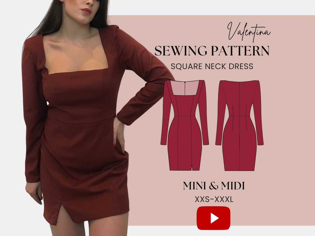 Square Neck Dress Pattern U 32-46 / US 0-14 Video Tutorial PDF Sewing ...