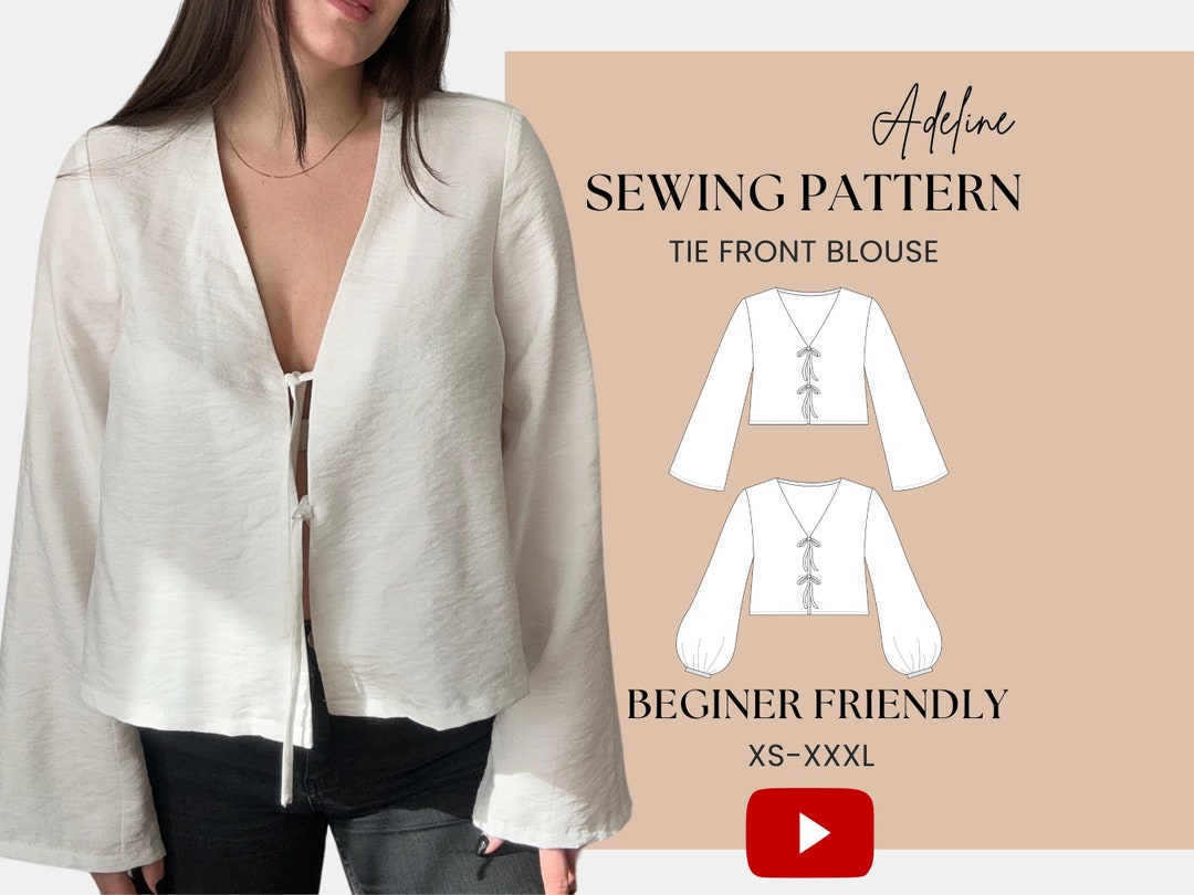 Front Tie Blouse Sewing Pattern Flare Long Sleeve Gathered Sleeve Top ...