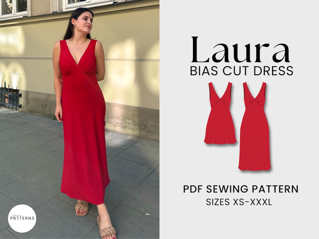 V Neck Bias Cut Dress Sewing Pattern Gathered Bust Slip Dress Easy ...