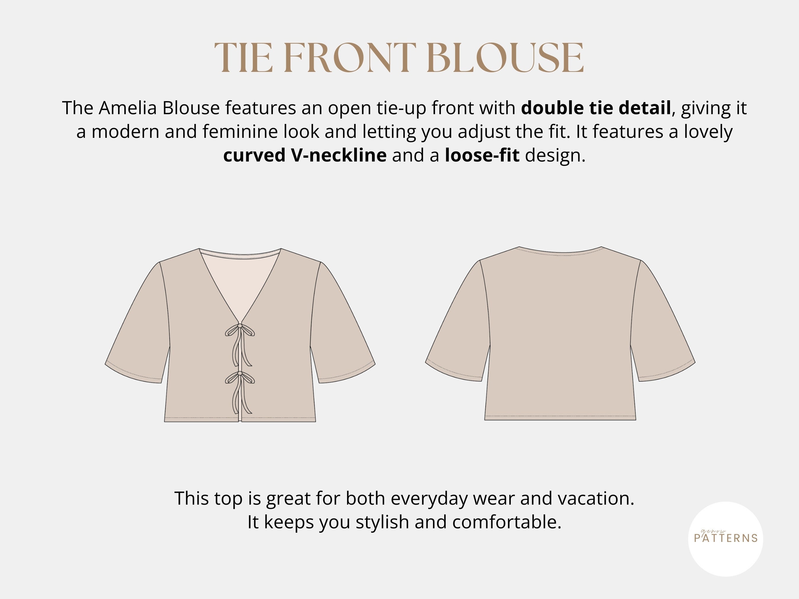 Front Tie Blouse Sewing Pattern | Short Sleeve | Digital Pattern | Top ...