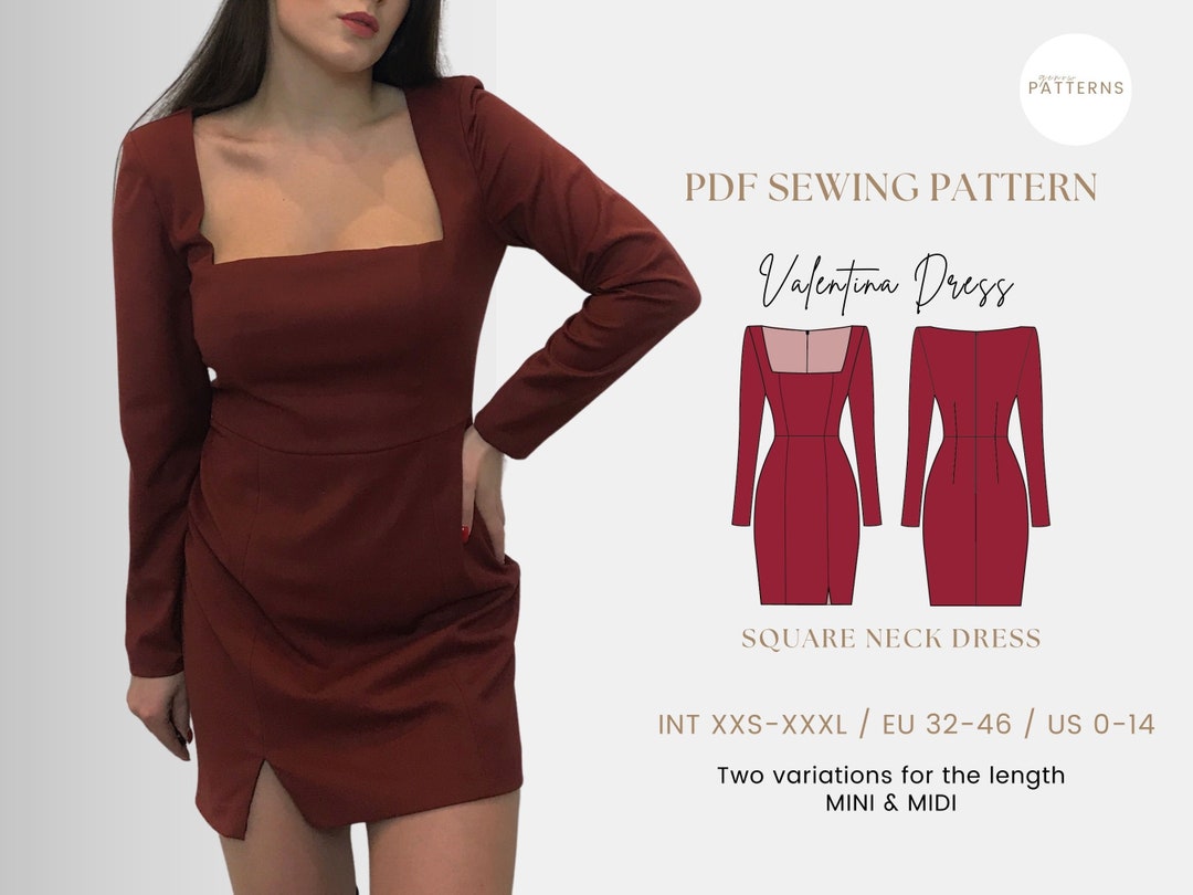 Square Neck Dress Pattern U 32-46 / US 0-14 Video Tutorial PDF Sewing ...