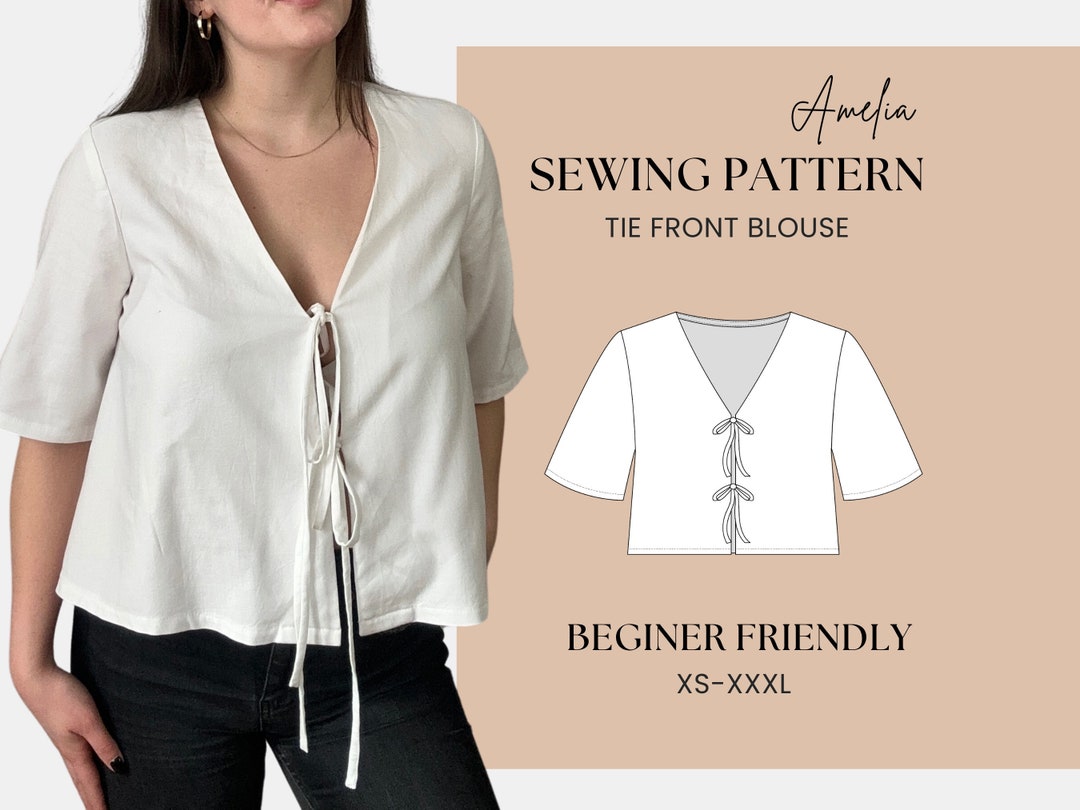 Front Tie Blouse Sewing Pattern Short Sleeve Digital Pattern Top With ...