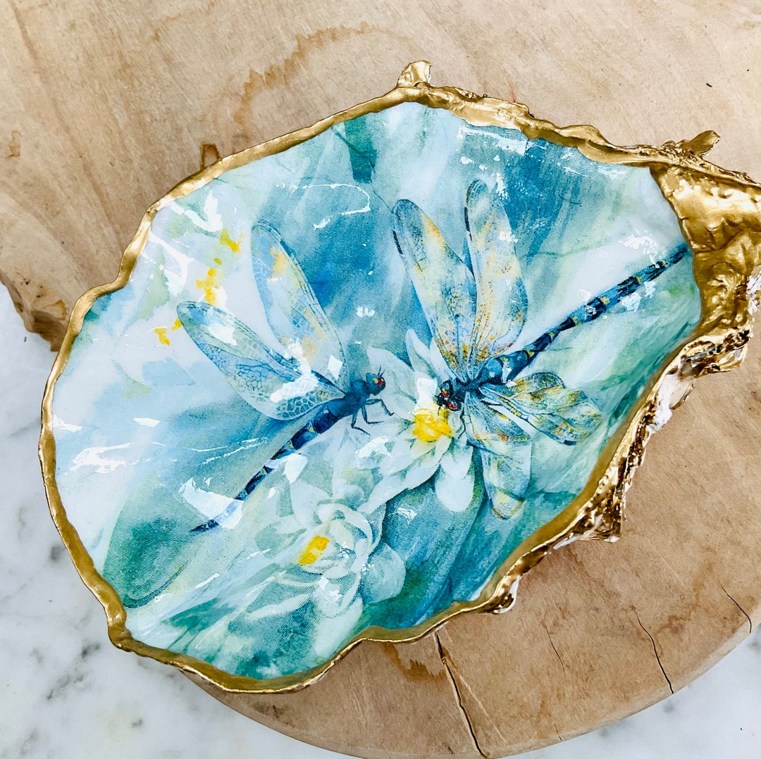 Dragonflies & Waterlilies Gilded Oyster Trinket Jewellery Shell Dish ...