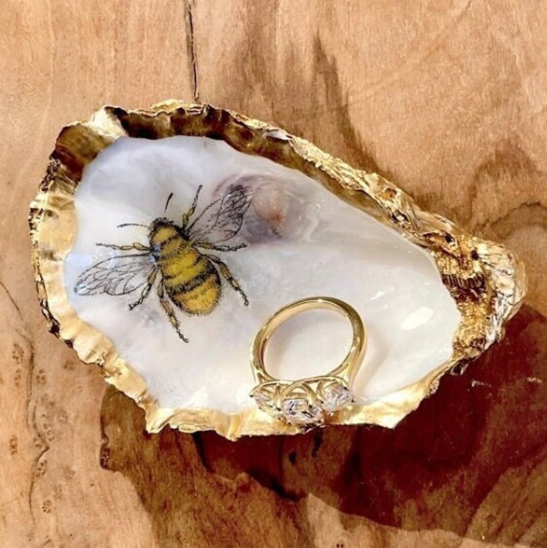 Adorable Bumblebee Gift. Decoupaged Oyster Shell. Trinket Dish. Coastal ...